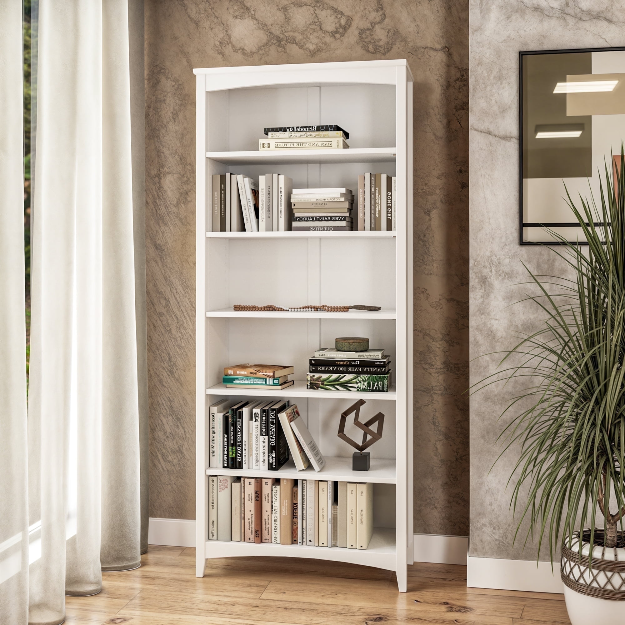 Camaflexi Tall 72” Shaker Style 6-Shelf Wooden Bookcase, Closed Back ...