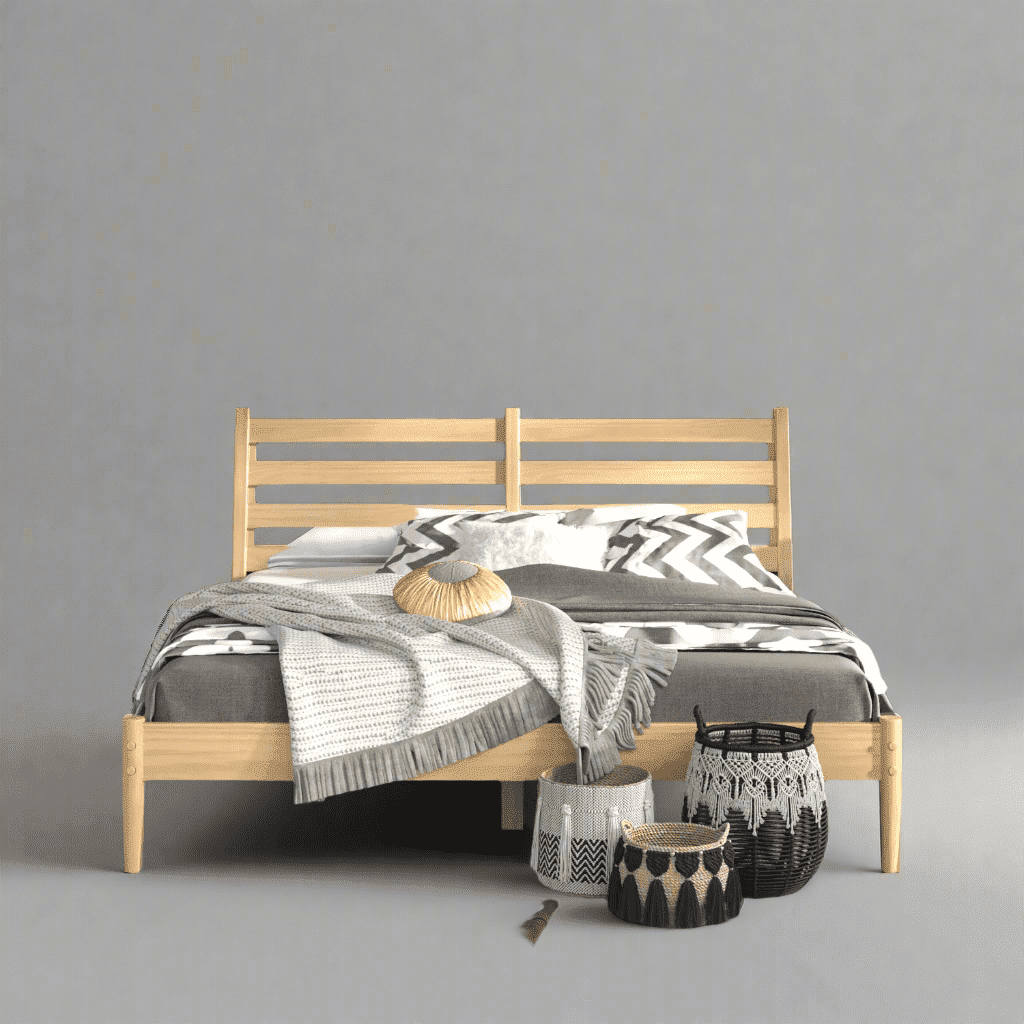 Camaflexi Mid Century Slat Bed Solid Wood Bed Frame with Headboard ...