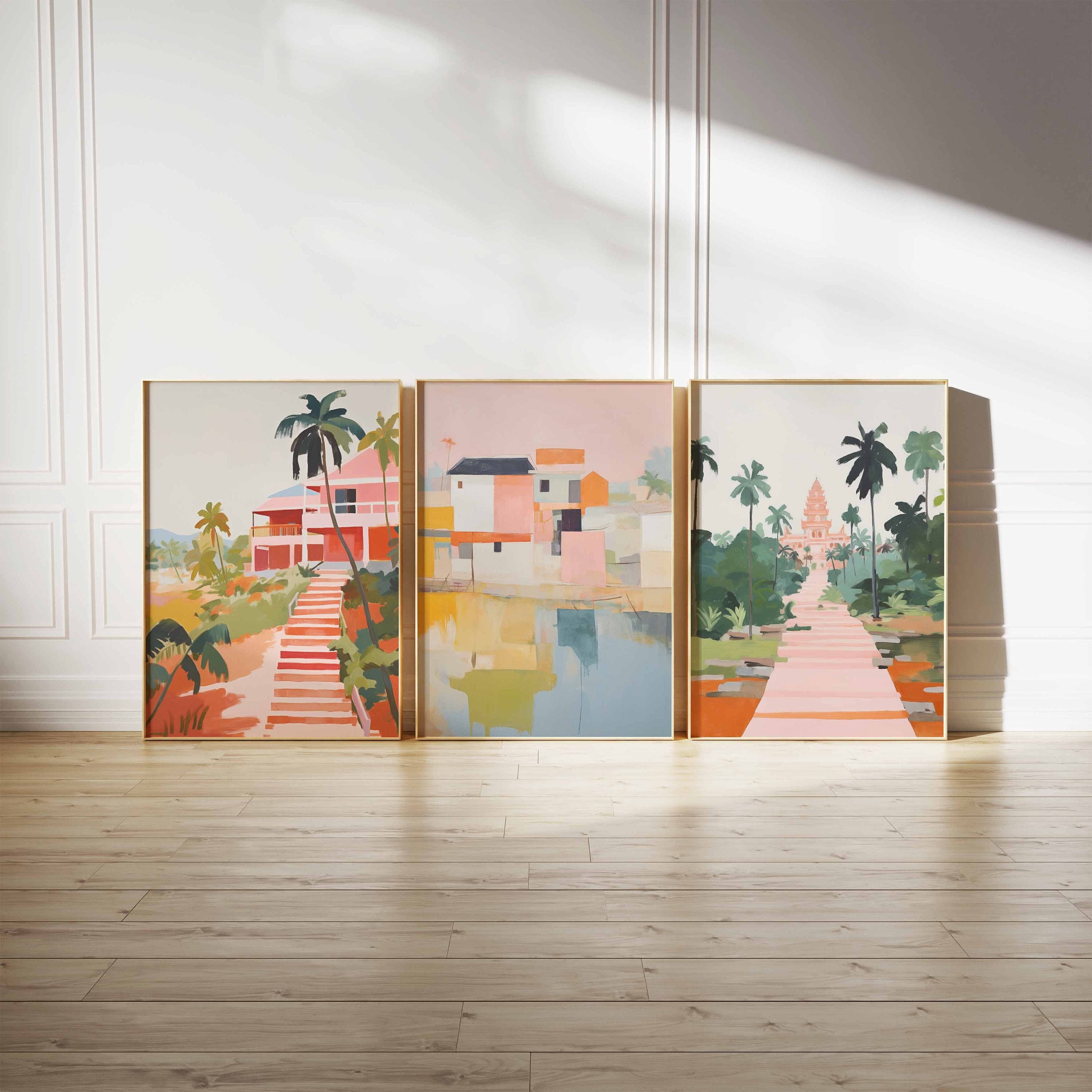 Cambodia Poster Set Vintage Angkor Wat Floral Prints Indigenous Art ...
