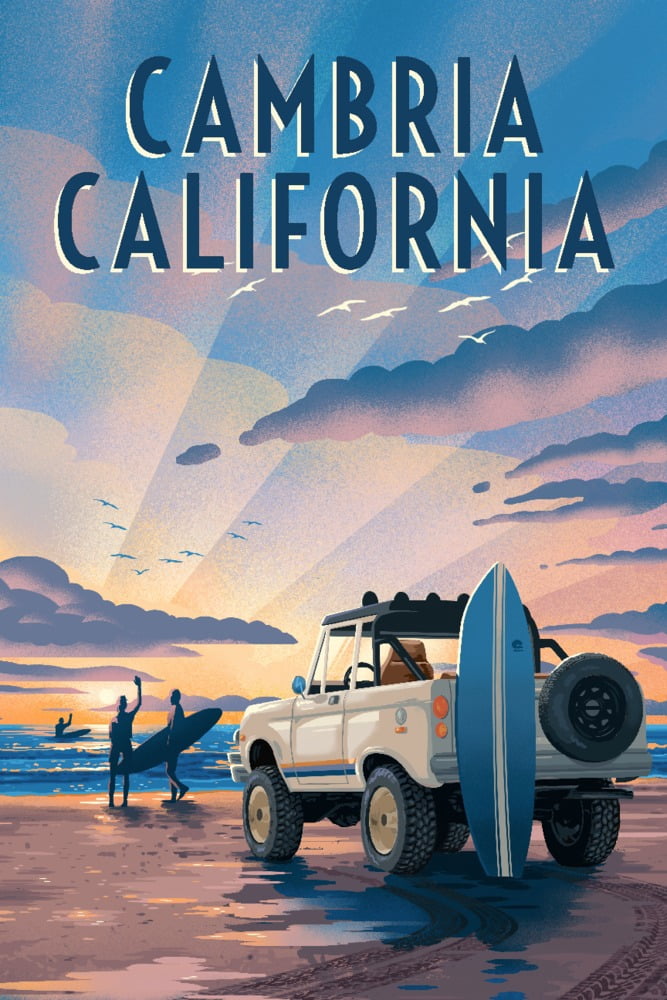 Cambria, California, Lithograph, Surfers on Beach (12x18 Wall Art ...