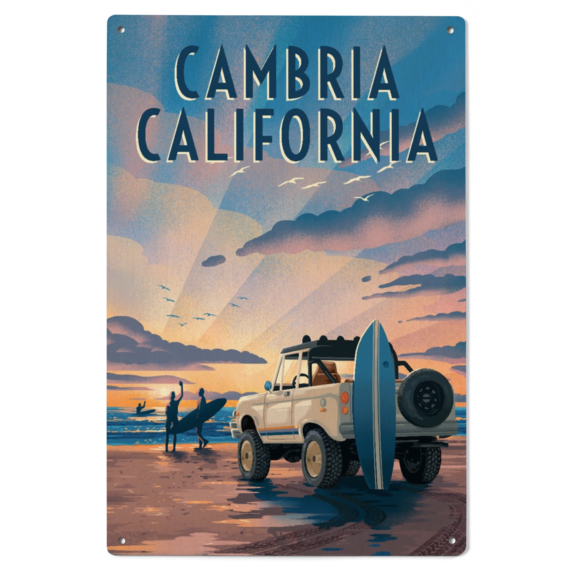 Cambria, California, Lithograph, Surfers on Beach Birch Wood Wall Sign ...