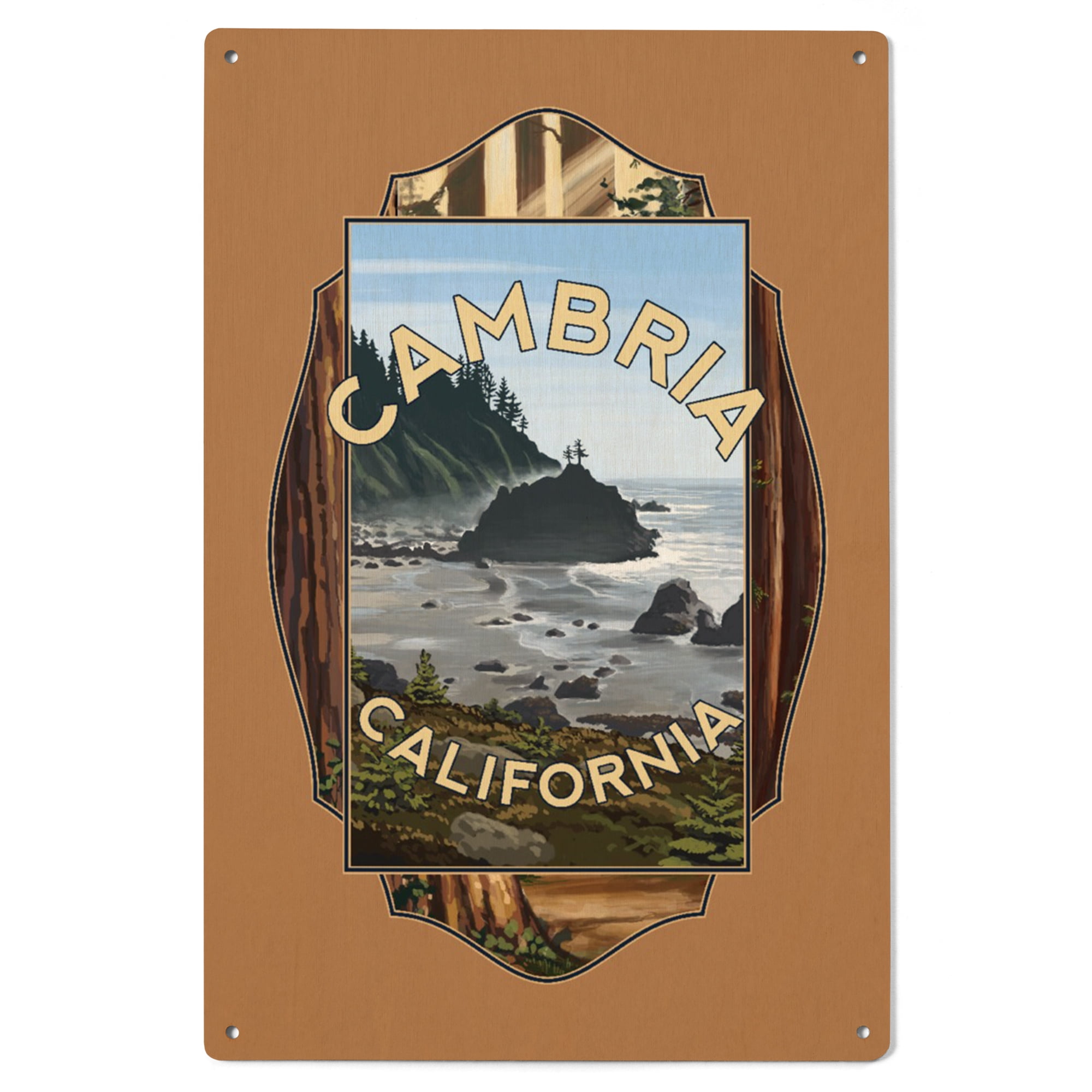 Cambria, California, Redwoods and Coast, Contour Birch Wood Wall Sign ...