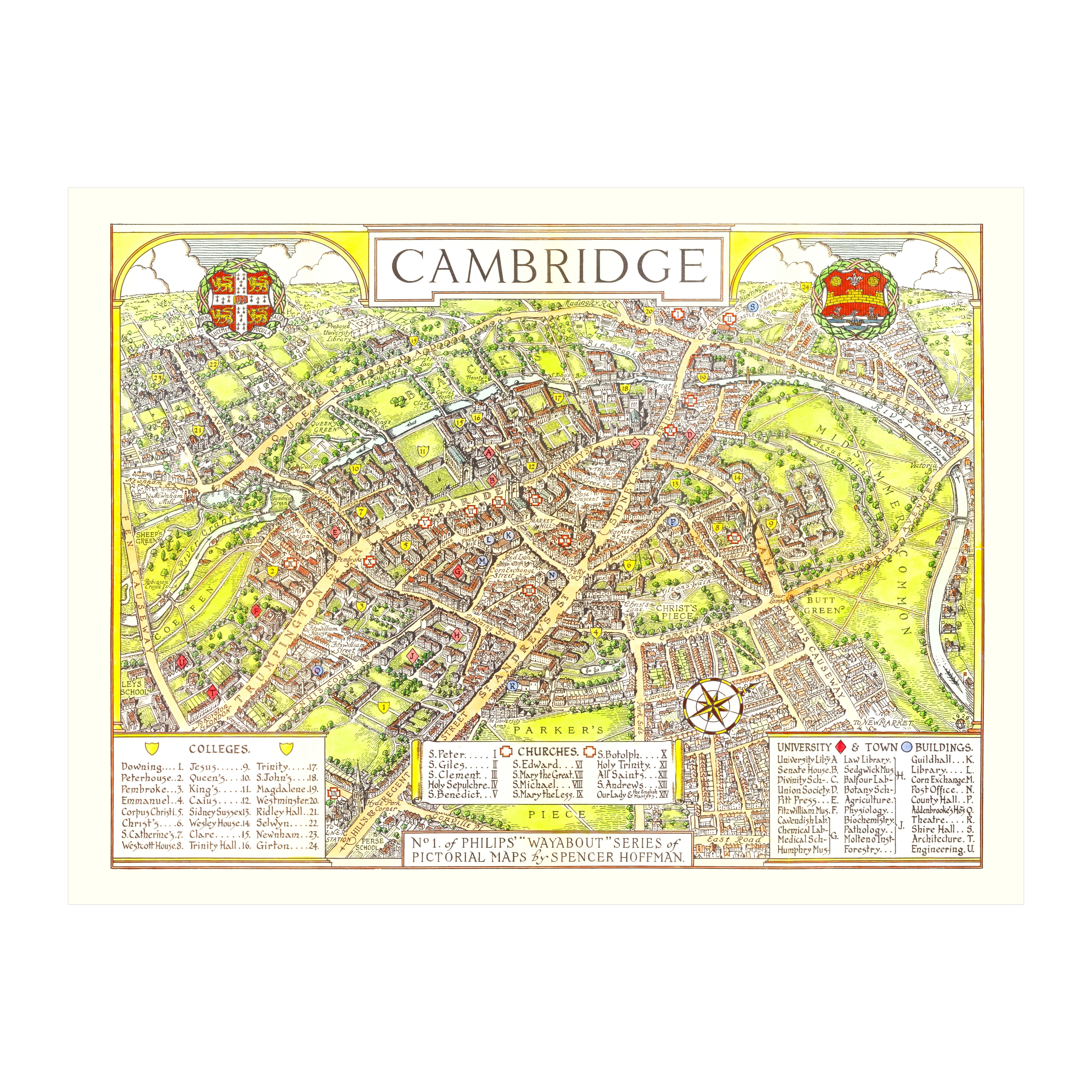 Cambridge Art, 1929 Vintage Map of Cambridge England History Wall Decor ...