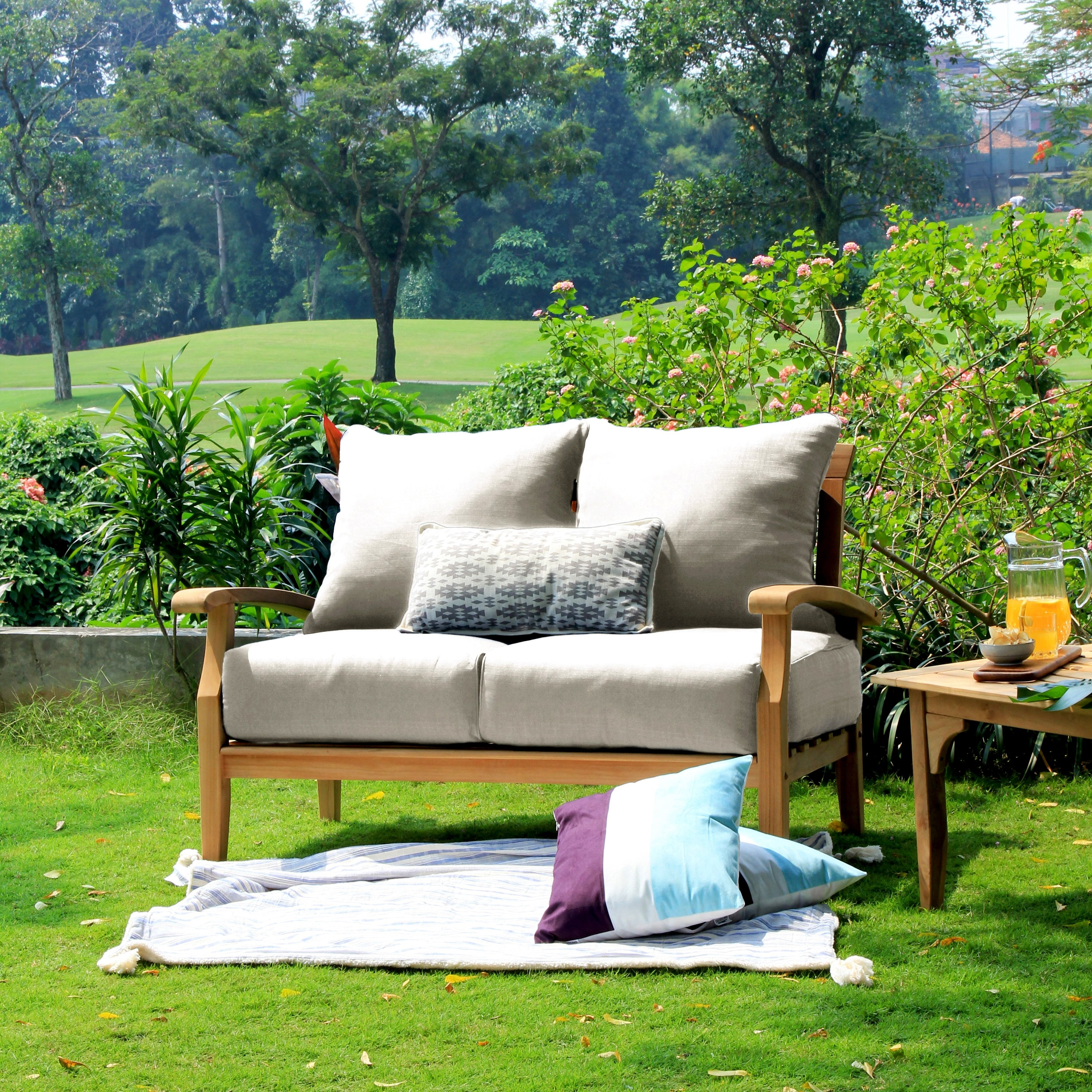 Cambridge Casual Leon Teak Patio Loveseat with Cushion Natural Teak ...