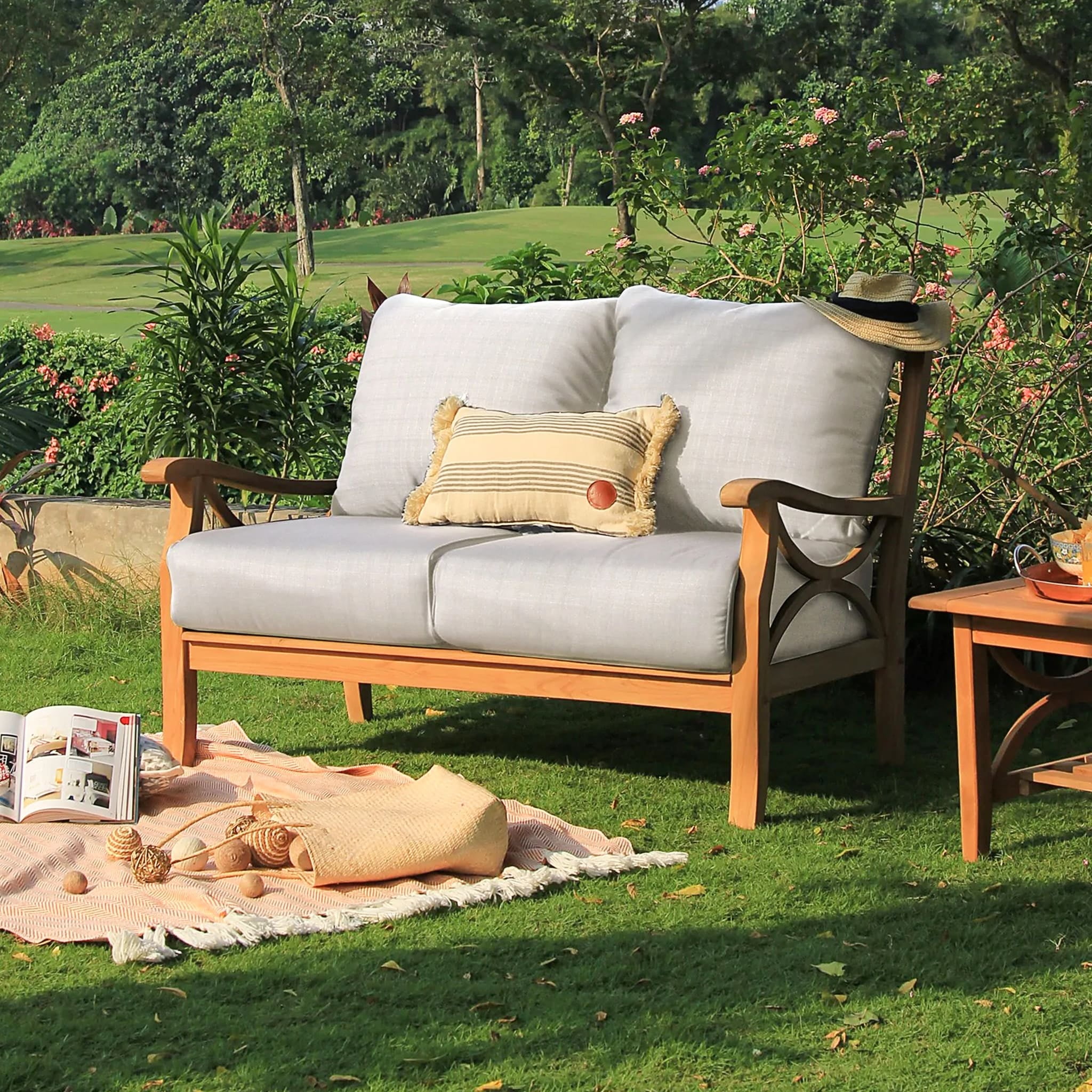 Cambridge Casual Lowell Teak Patio Loveseat, Beige Cushion, 52x34.25x35 ...