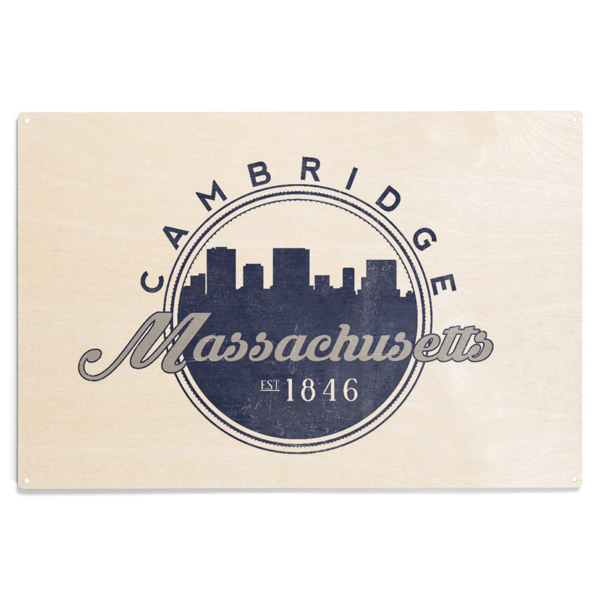 Cambridge, Massachusetts, Skyline Seal (Blue) Birch Wood Wall Sign ...