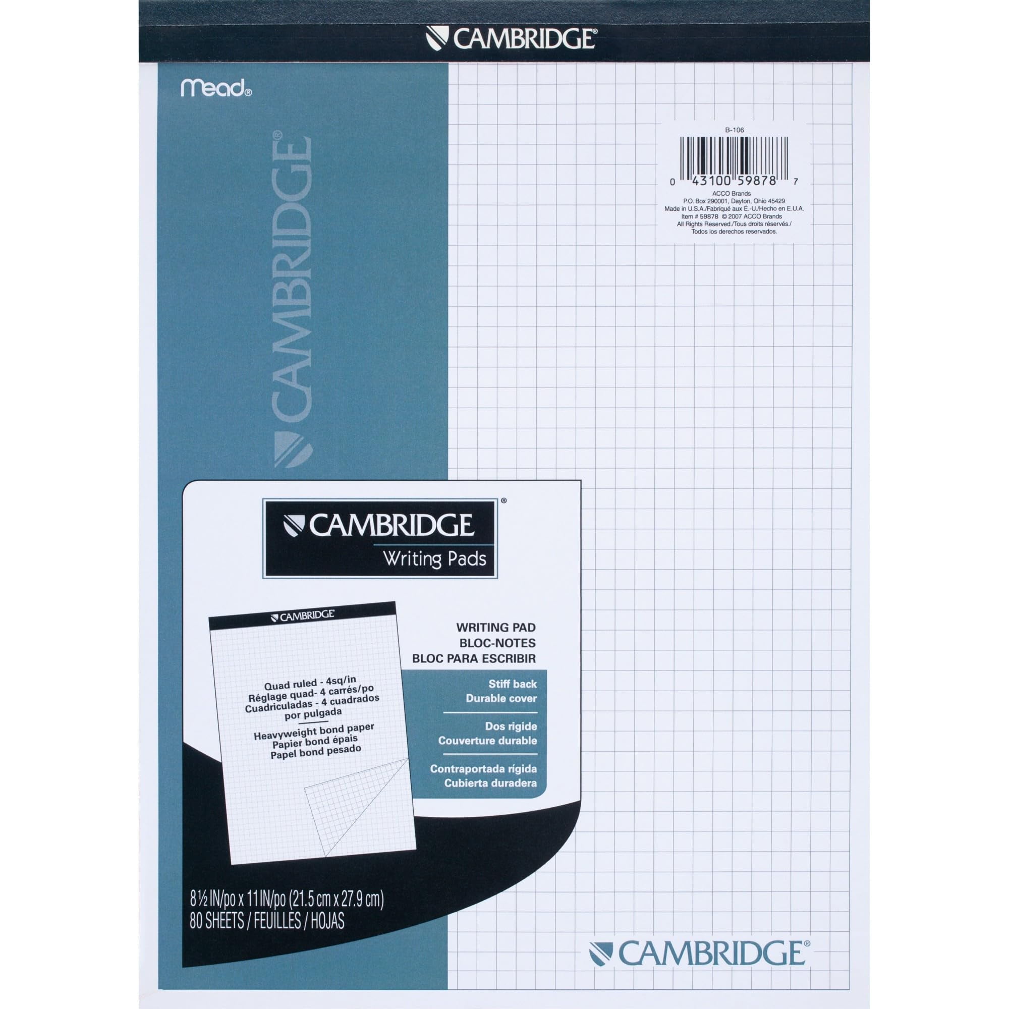 Cambridge Notebook, 8-1/2" x 11", 80 Sheets, Quad Ruled, Stiff-Back ...