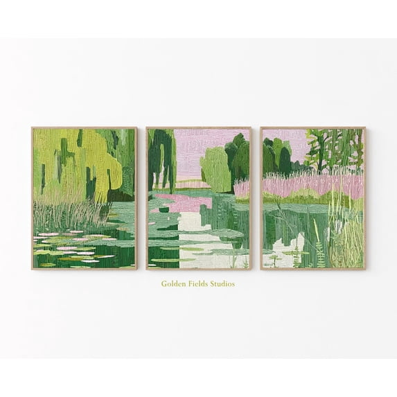 Cambridge River Green Riverside Modern Linocut Style Landscape English ...
