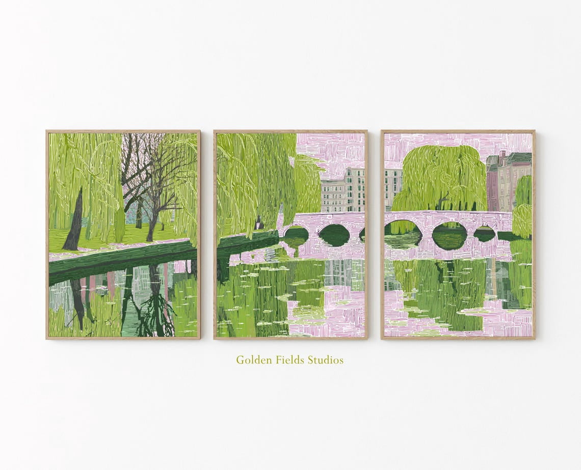 Cambridge River Willow Trees And Bridge Modern Linocut Landscape ...