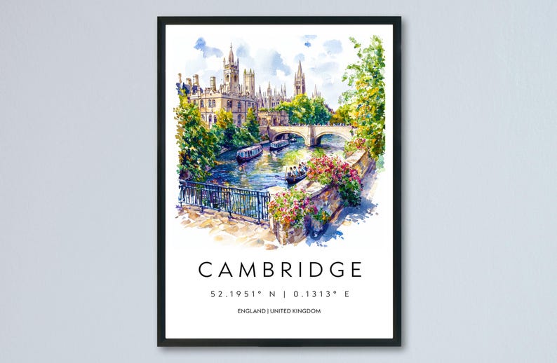 Cambridge Watercolor Poster – Travel Print & University Town Art, UK ...