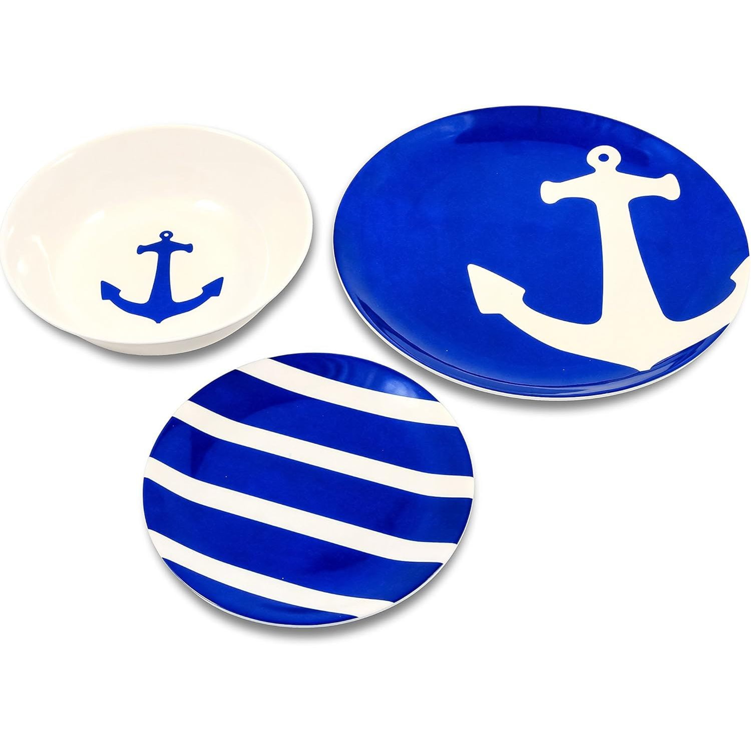 Camco Blue and White Nautical Design 12 Piece Dishware Set- Includes ...