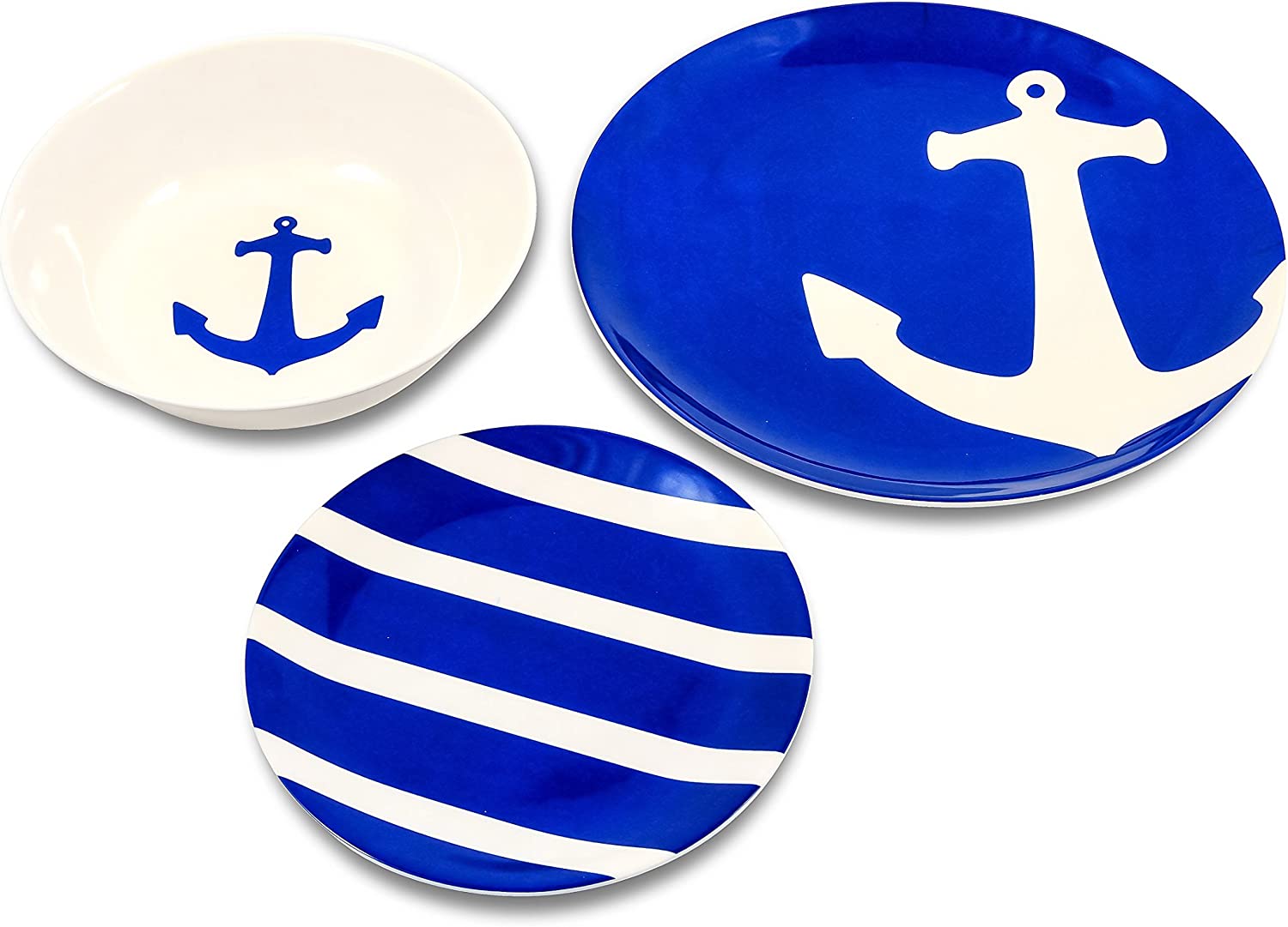 Camco Blue and White Nautical Design 12 Piece Dishware Set- Includes ...