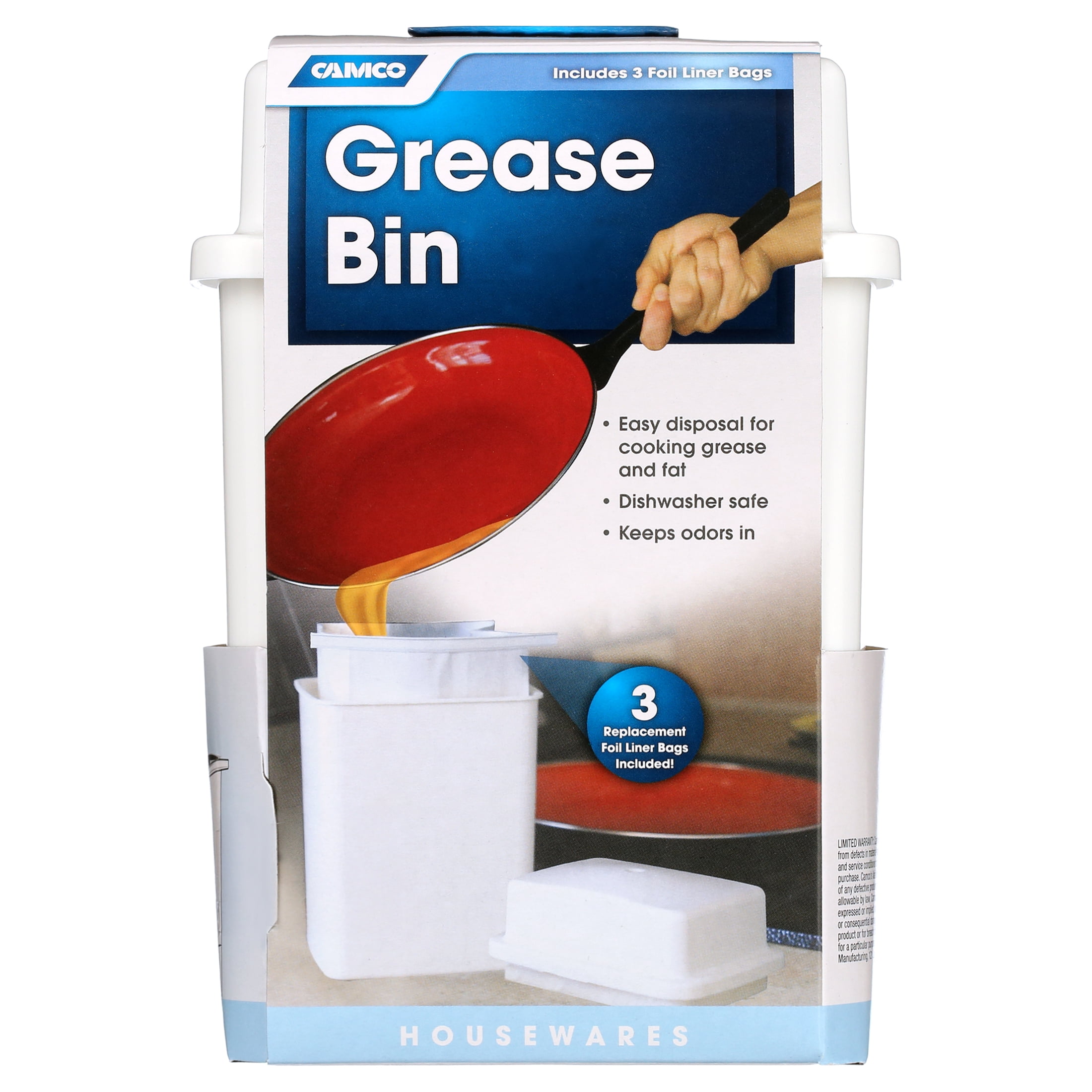 Camco Grease Storage Container | Prevent Drain Clogs | White Plastic ...