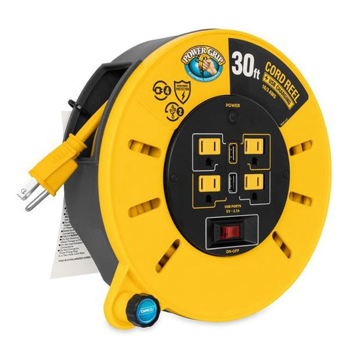 Camco Power Grip 30-Foot Extension Cord Reel with USB Charging Ports ...