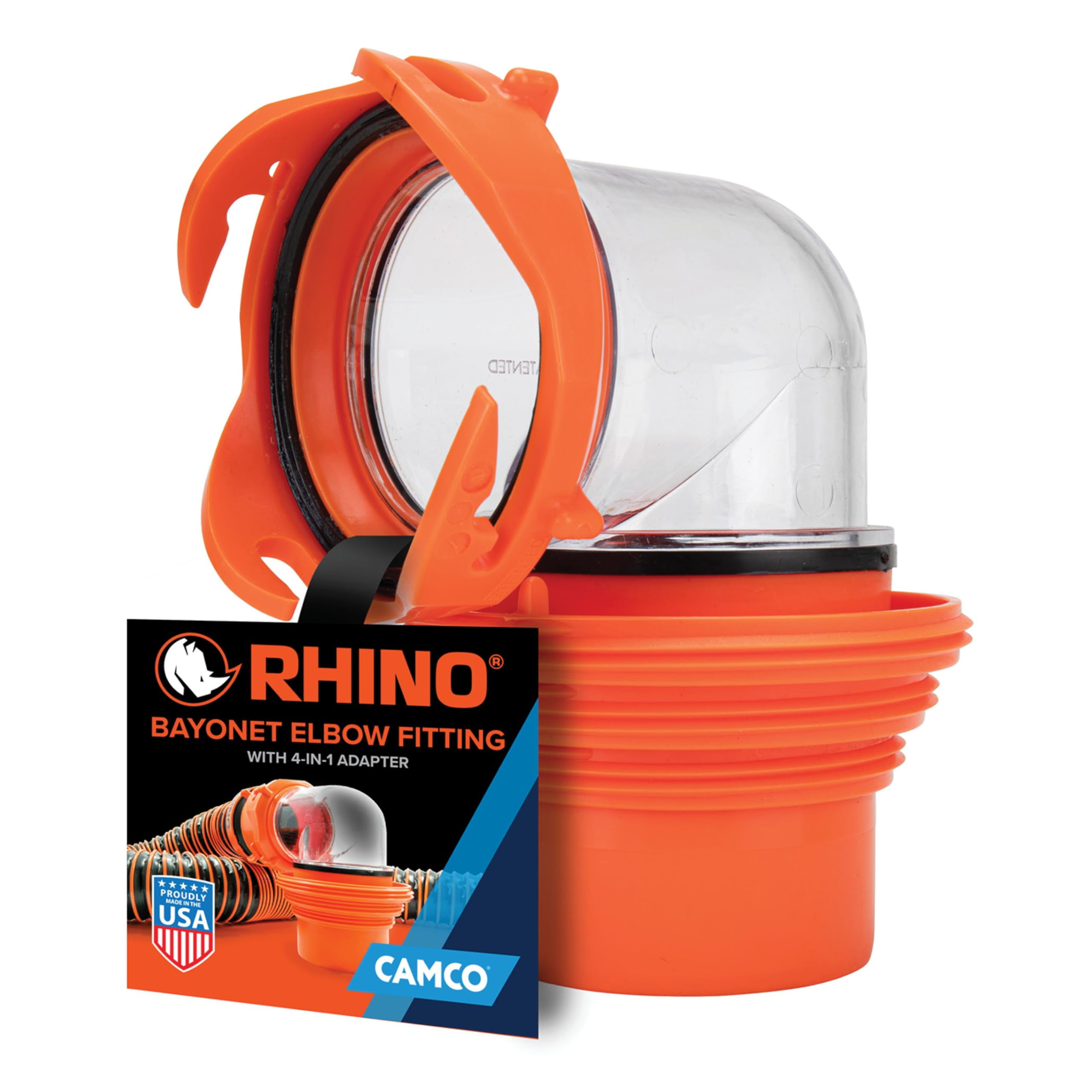 Camco RhinoFlex Clear RV Sewer Hose Elbow with 4-in-1 Adapter - Features a 360-Degree Fitting ...