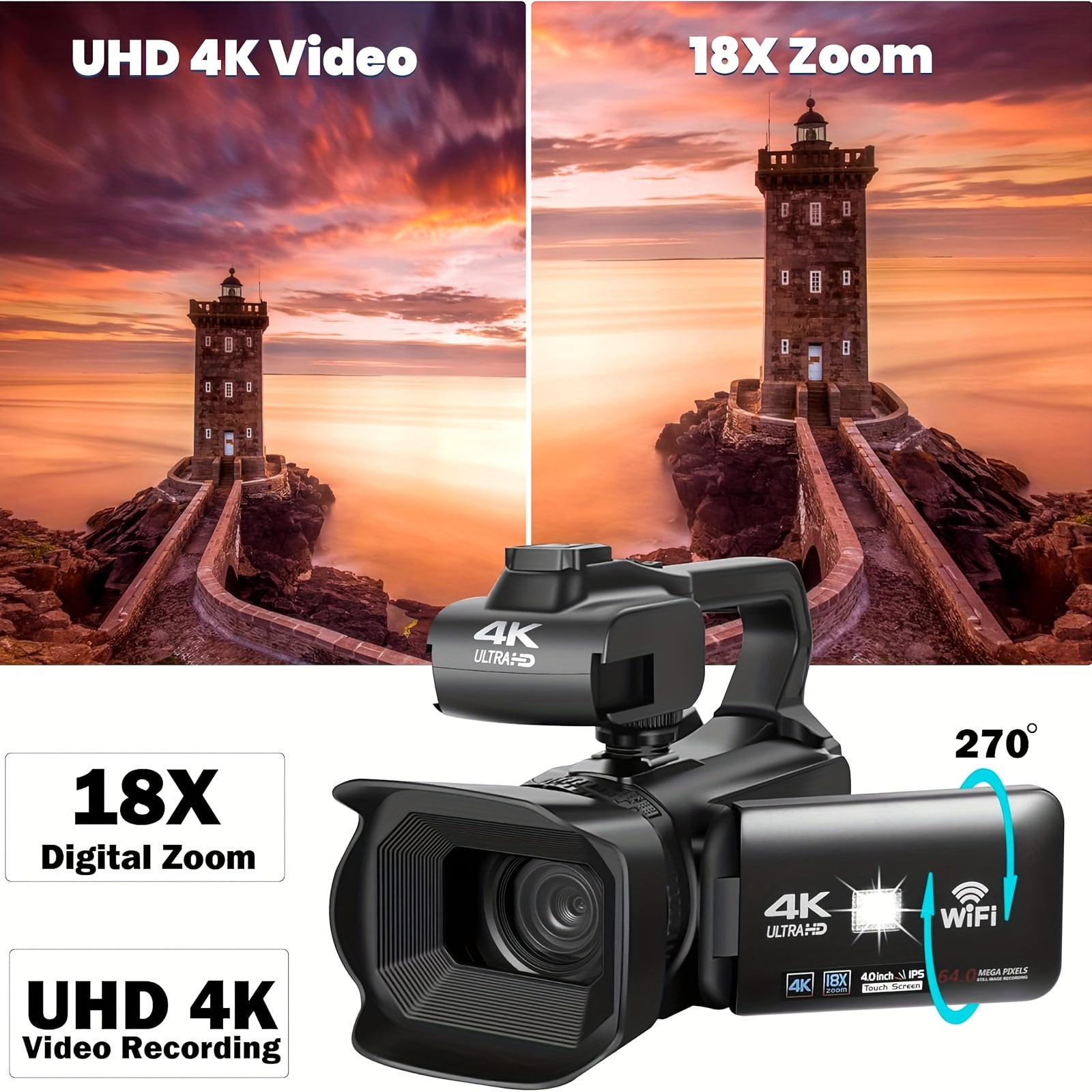 Camcorder Video Camera 4K 64MP 18X Digital Zoom Auto Focus Vlogging ...
