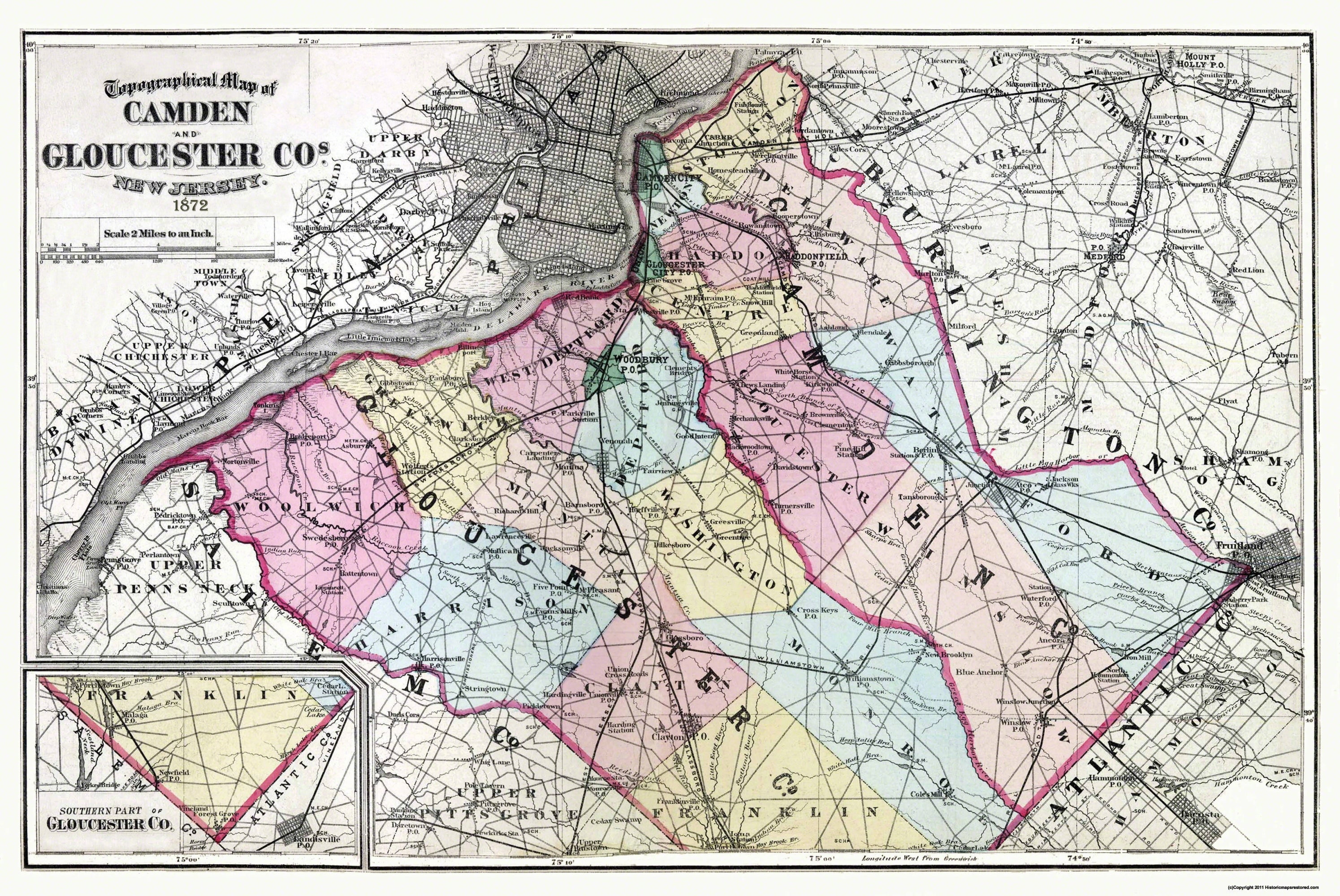 Historic County Map - Camden Gloucester Counties New Jersey - Beers ...