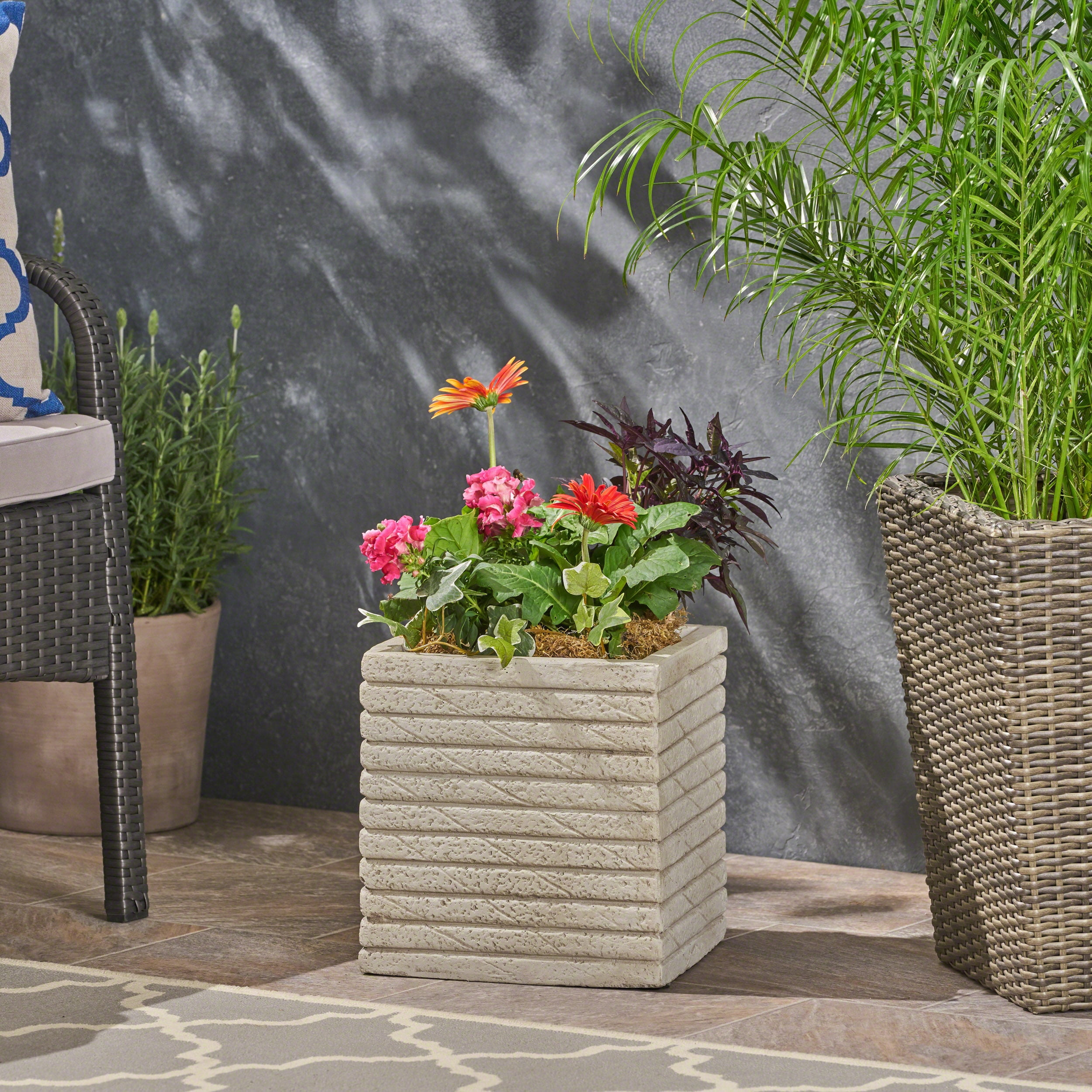 Camden Outdoor Riveted Light weight Concrete Square Garden Urn Planter ...