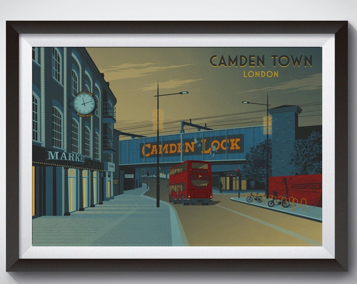 Camden Town London Travel Poster, Camden Lock Bridge, Camden Market ...