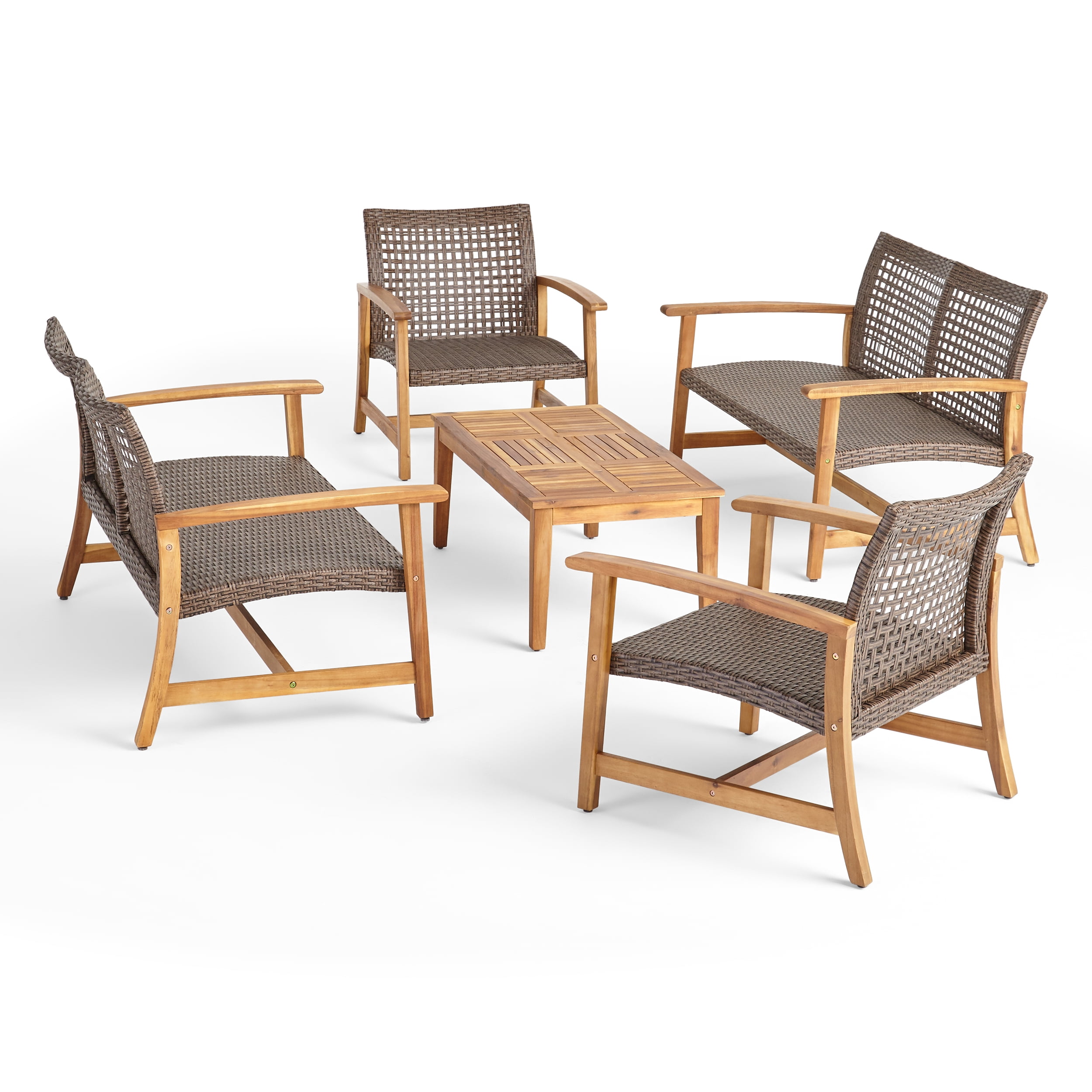 Noble House Hampton 5-Piece Outdoor Wood/Wicker Loveseat Set in Mocha ...