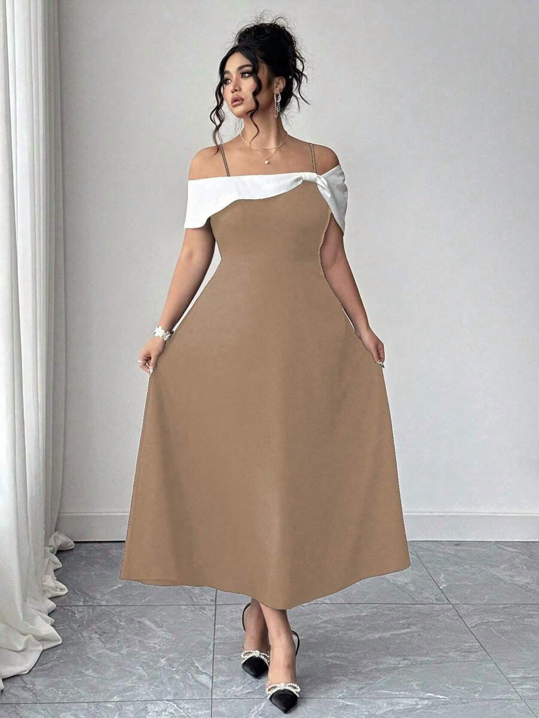 Camel And White Contrast Off-Shoulder Spaghetti Strap Bow A-Line Midi ...