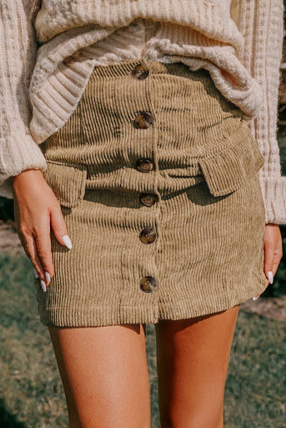 Camel Corduroy Buttoned Front Faux Pockets Mini Skirt - Walmart.com