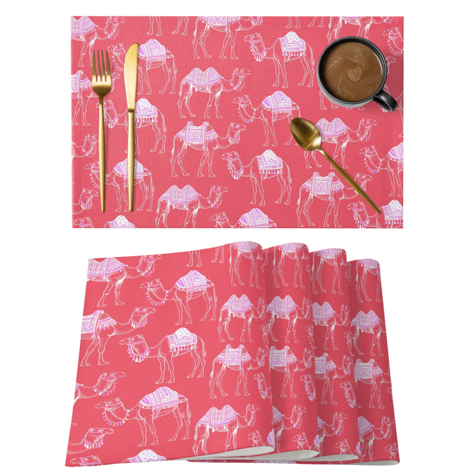 Camel Cotton Linen Placemats Set of 12, Abstract Lines Camel Pink ...