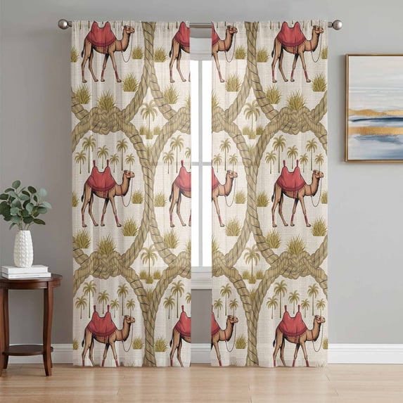 Camel Date Coconut Trees Ropes Chiffon Sheer Curtains 72 Inches Long ...