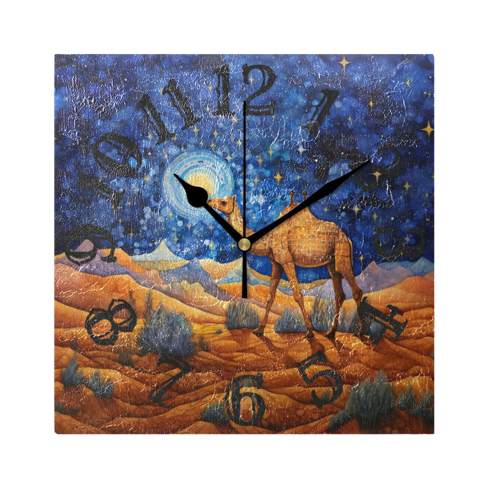 Camel Desert Starry Sky Wall Clock Square Silent Non Ticking Battery ...