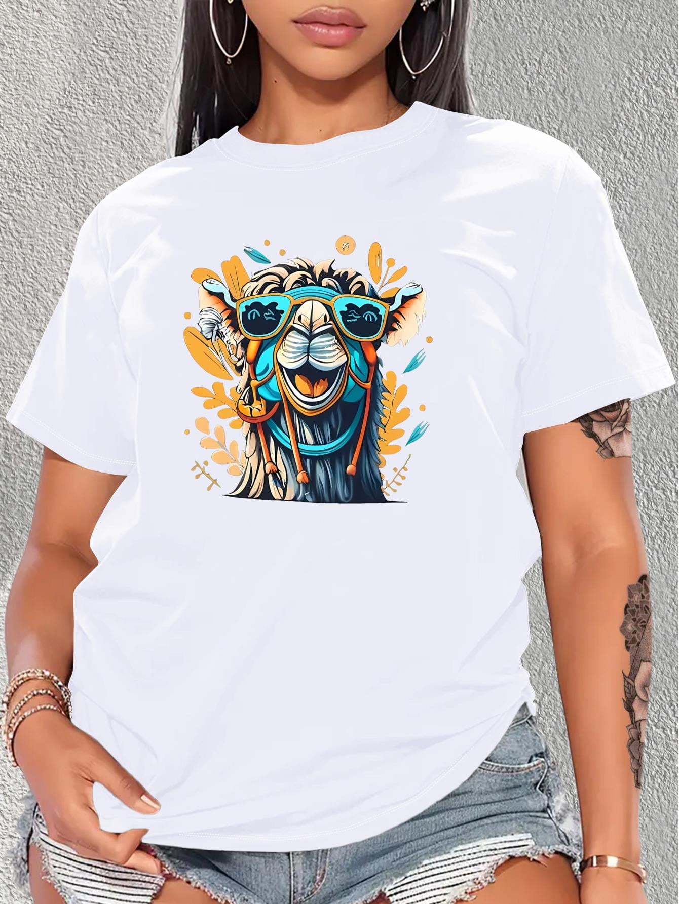 Camel Print Round Neck Sports T-shirt, Short Sleeve Running Casual Tops ...