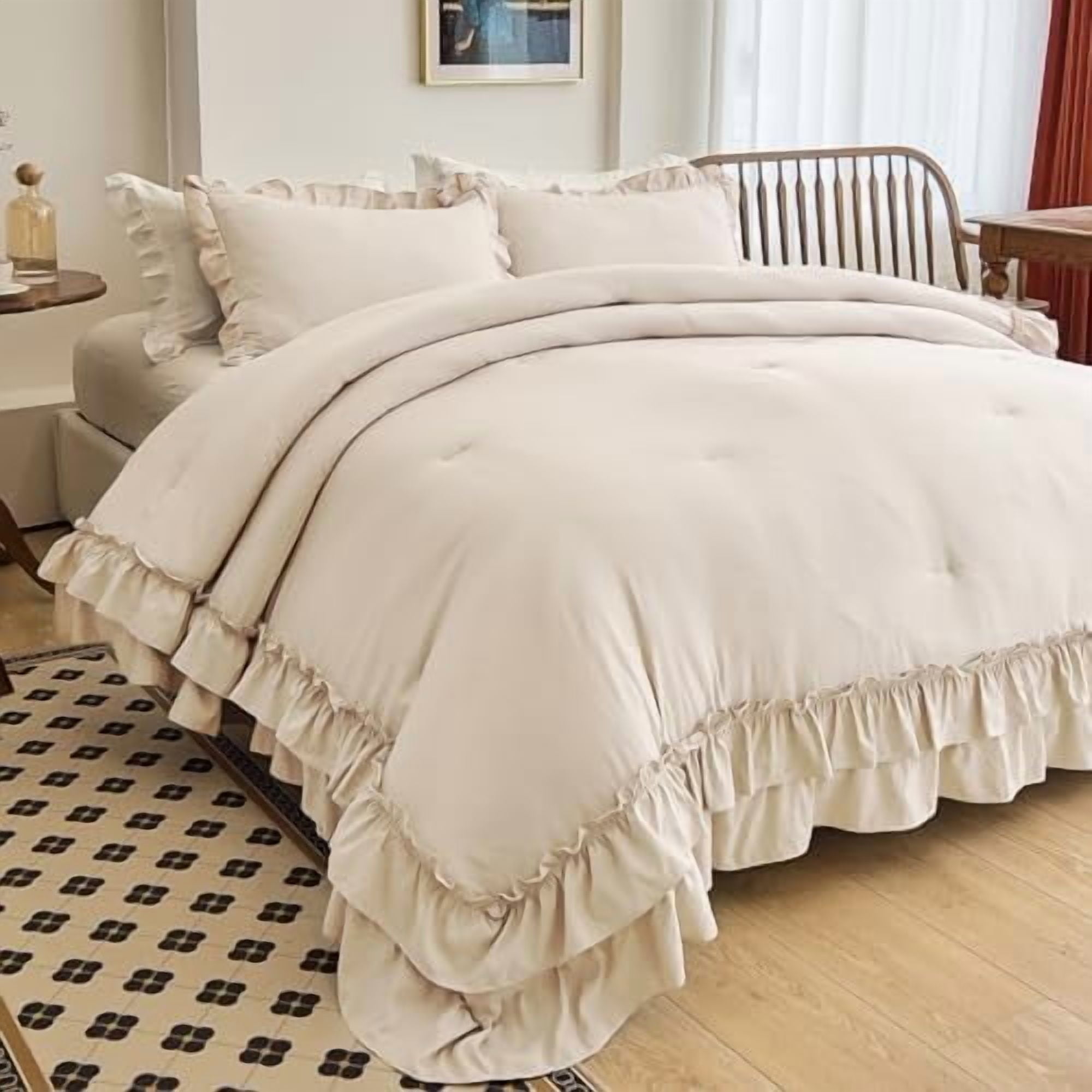 Camel Ruffle Comforter King, 3 Pieces Vintage Ruffle Fringe Comforter ...