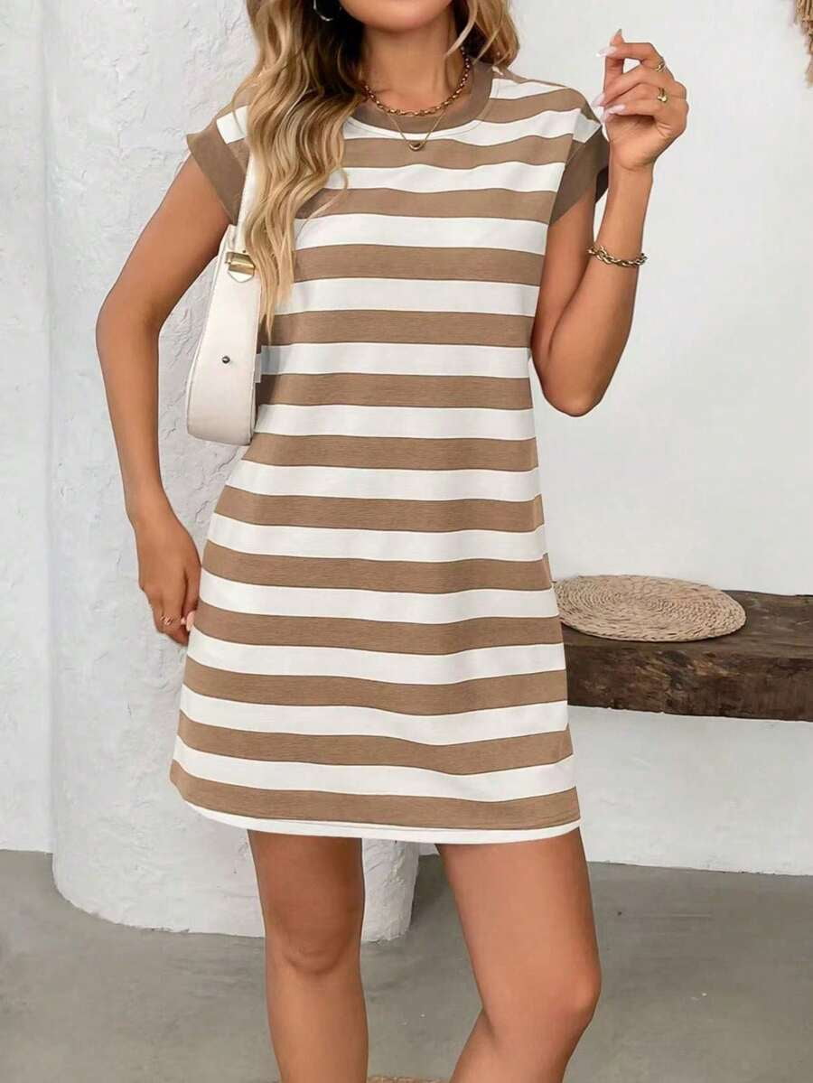 Camel Striped Crew Neck T-Shirt Dress, Lightweight Polyester Short ...