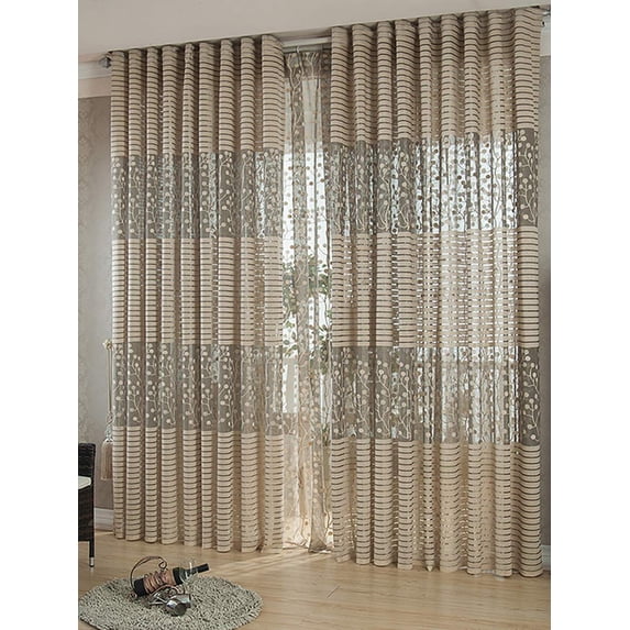 Camel Striped Sheer Curtain Panel With Floral Embroidery - Walmart.com