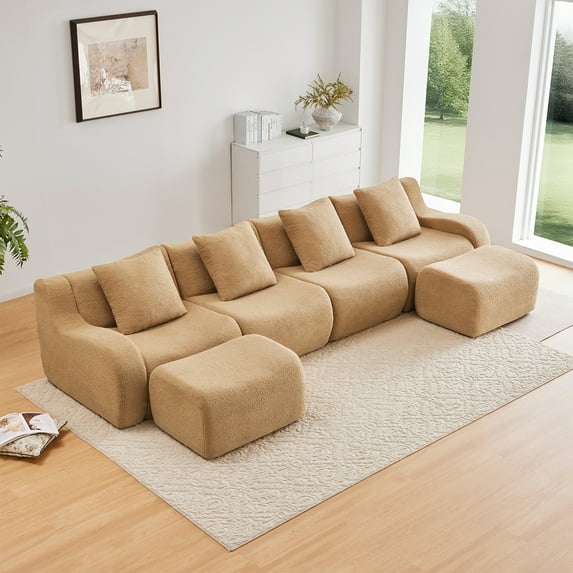 Camel U-Shaped Cloud Couch with 2 Ottomans, Modern Teddy Fabric Boneless Sectional Sofa in a Box ...