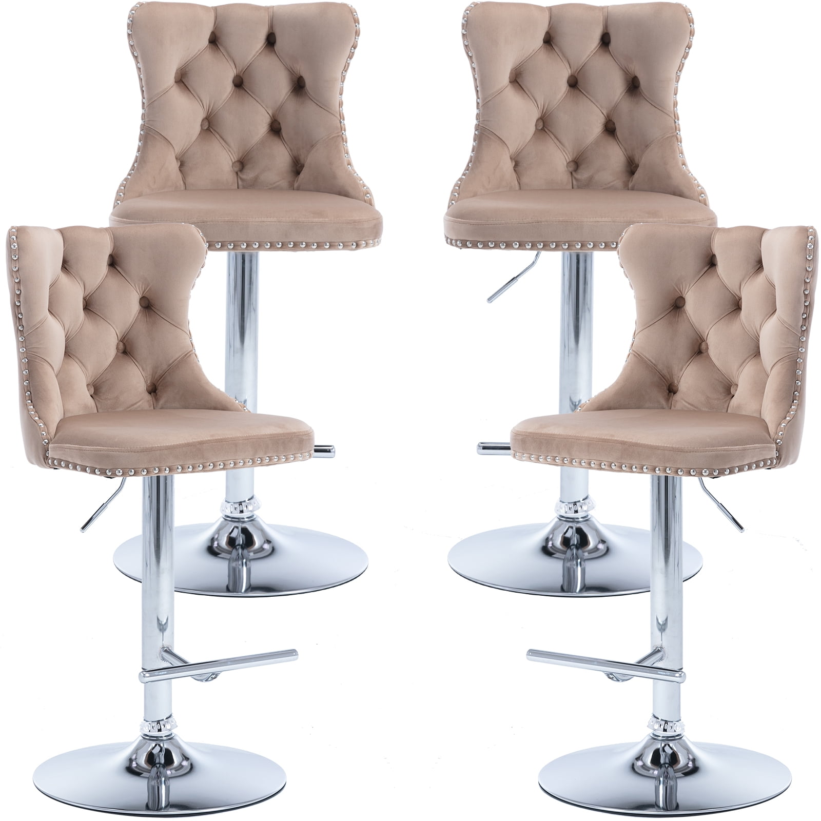 Camel Velvet Bar Stools Set of 4 - Adjustable Swivel Tan Counter Height ...