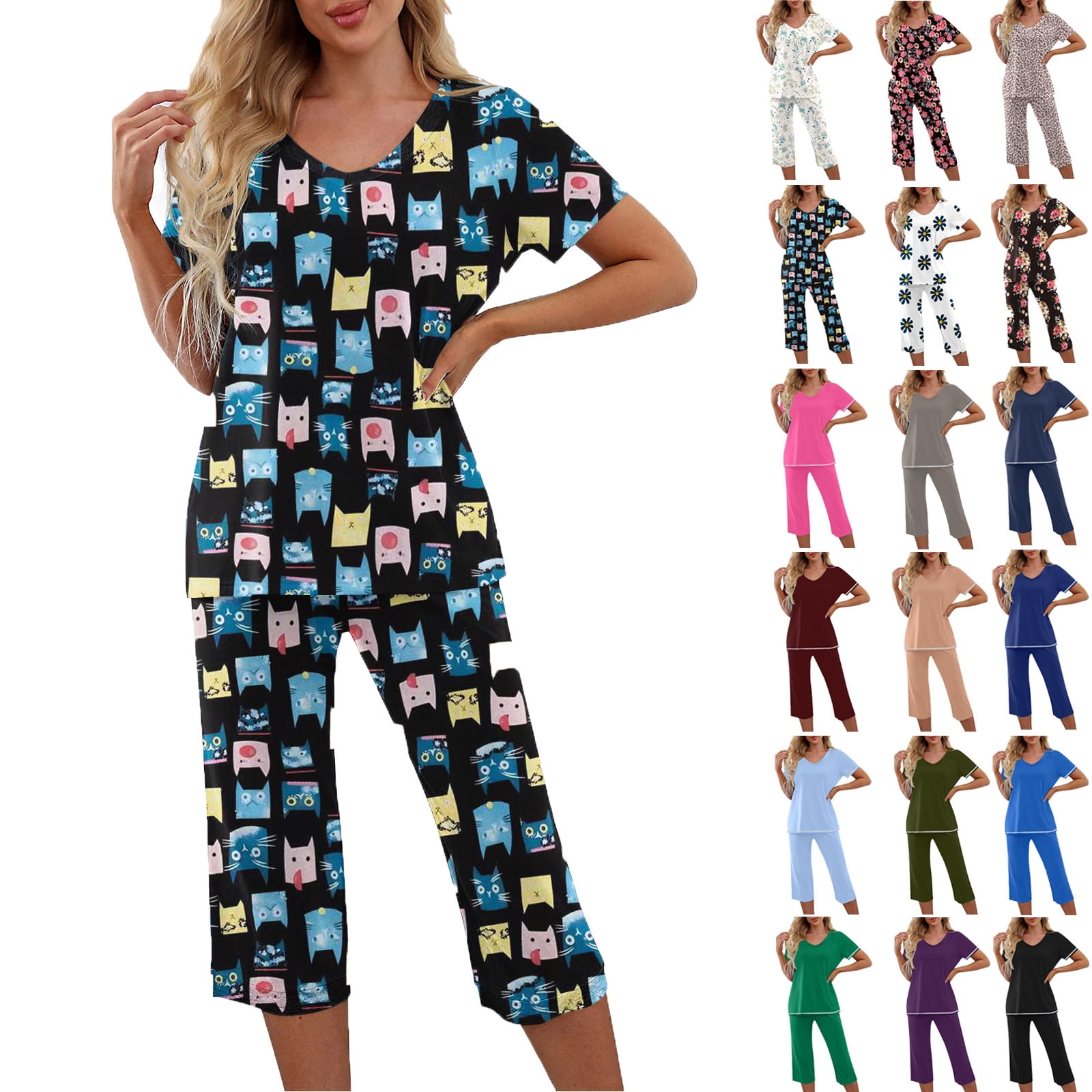 Bluereen Women's Plus Size XL Pajamas Set - Short Sleeve V Neck Top ...