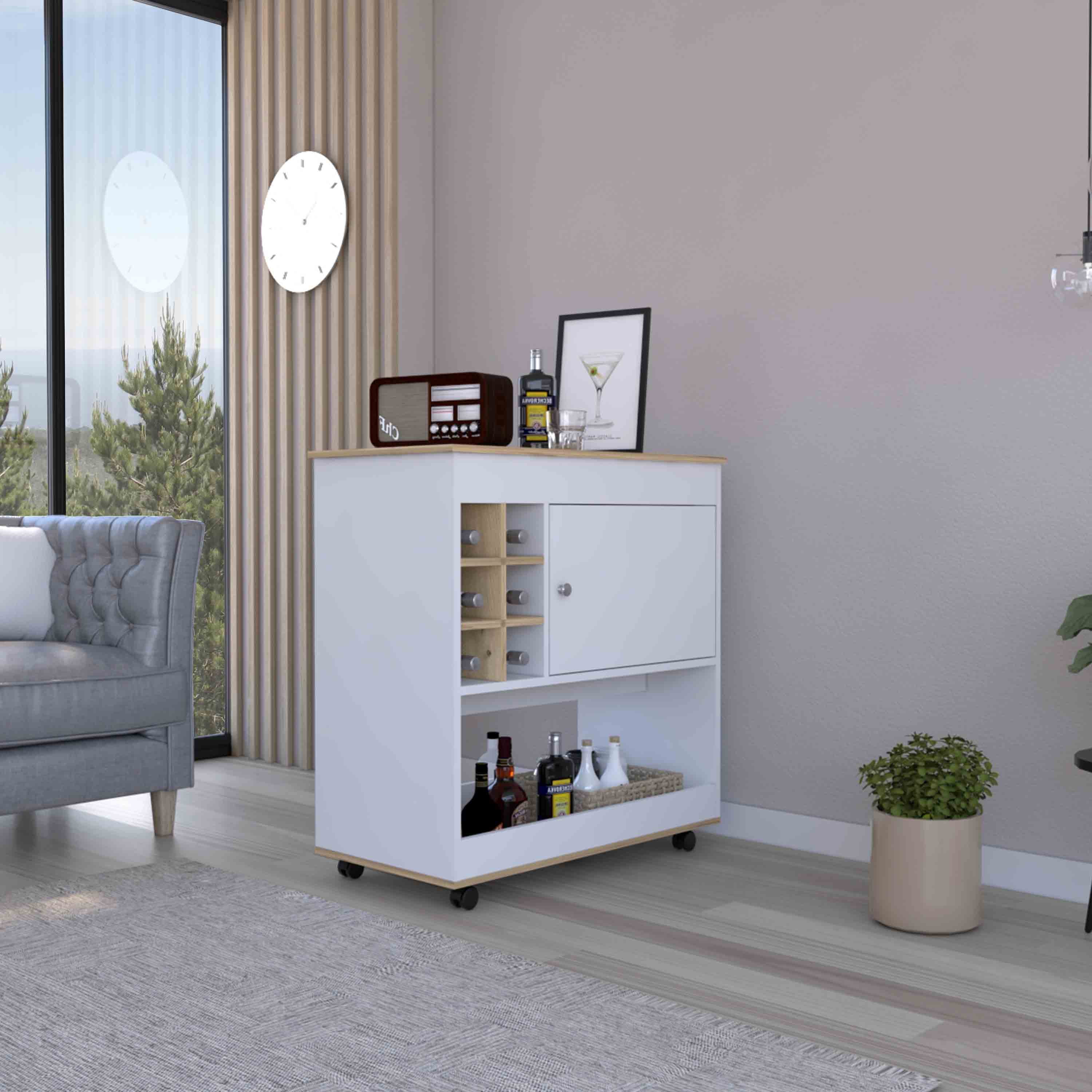 Camelia Bar Cart,Lower Panel,Six Bottle Cubbies,One Cabinet-Light Oak ...