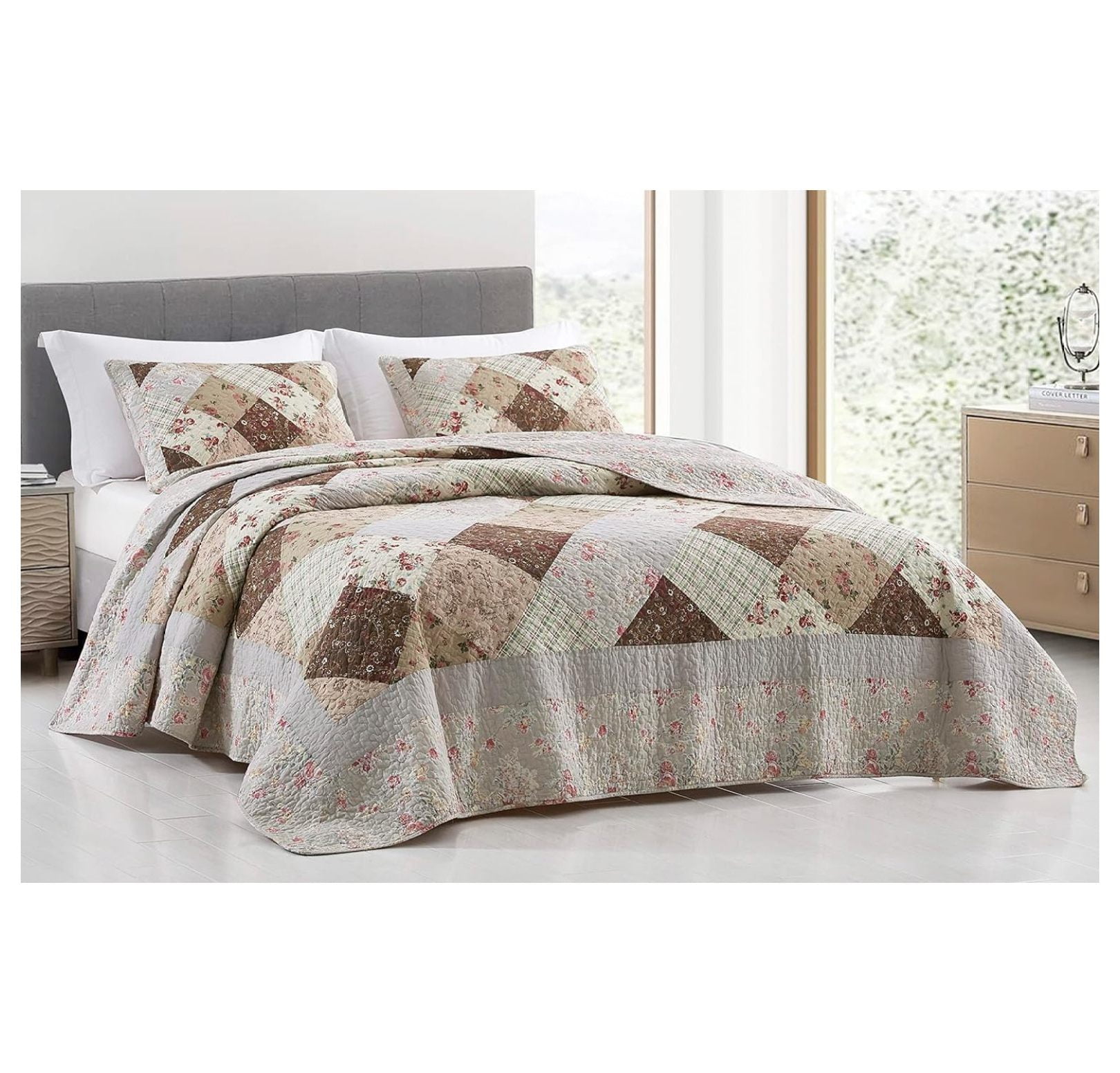 Camellia 3-Piece Chic Patchwork Quilt Set - Floral Plaid Coverlet - Pre ...