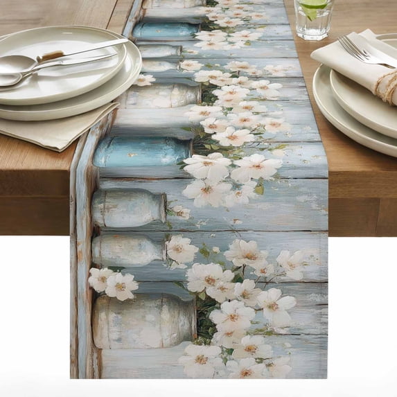 Camellia Cotton Linen Table Runner Spring Retro White Floral Flowers ...