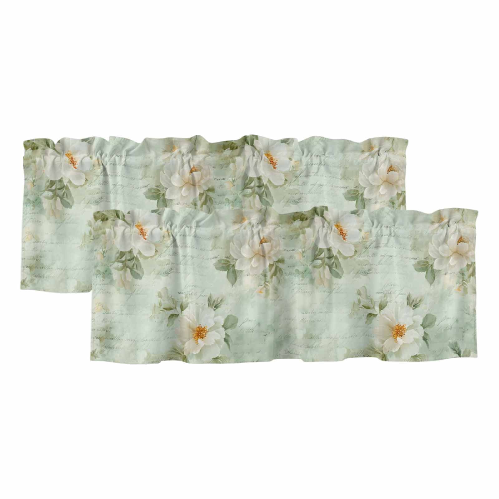 Camellia Flower 2 Panels Kitchen Valance, White Floral Mint Green Boho ...