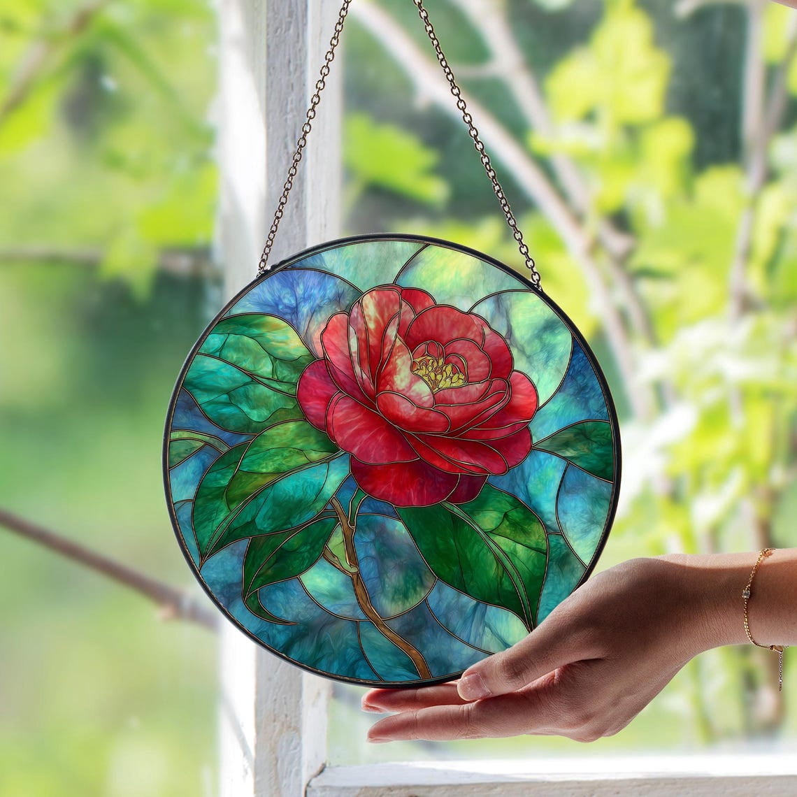 Camellia Flower Glass Suncatcher, Elegant Floral Window Art, Botanical ...