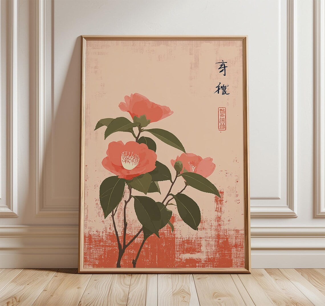 Camellia Flower Japanese Botanical Peach Green Illustration Decor ...