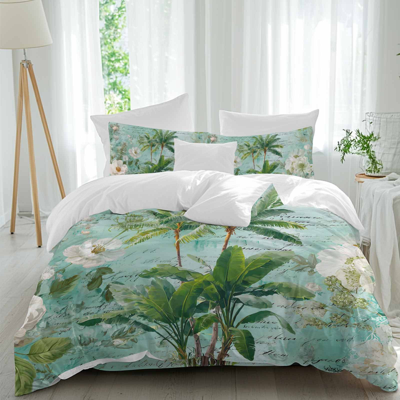 Camellia Flower Palm Tree Duvet Cover Set Queen Size, White Floral Mint ...