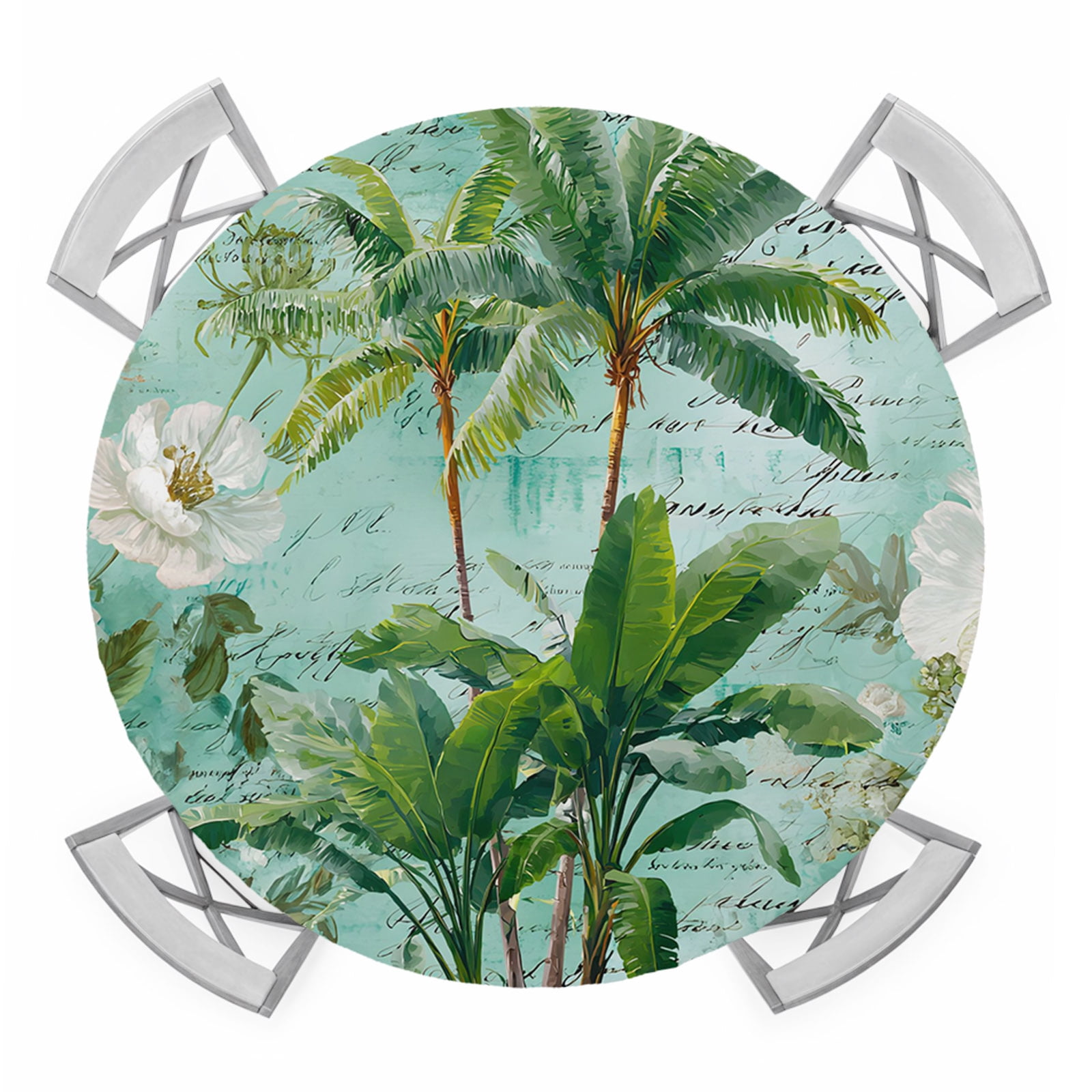 Camellia Flower Palm Tree Round Table Cover, White Floral Mint Green ...