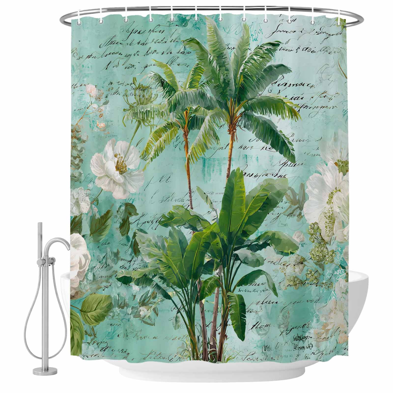 Camellia Flower Palm Tree Shower Curtain Set with Hooks, White Floral ...