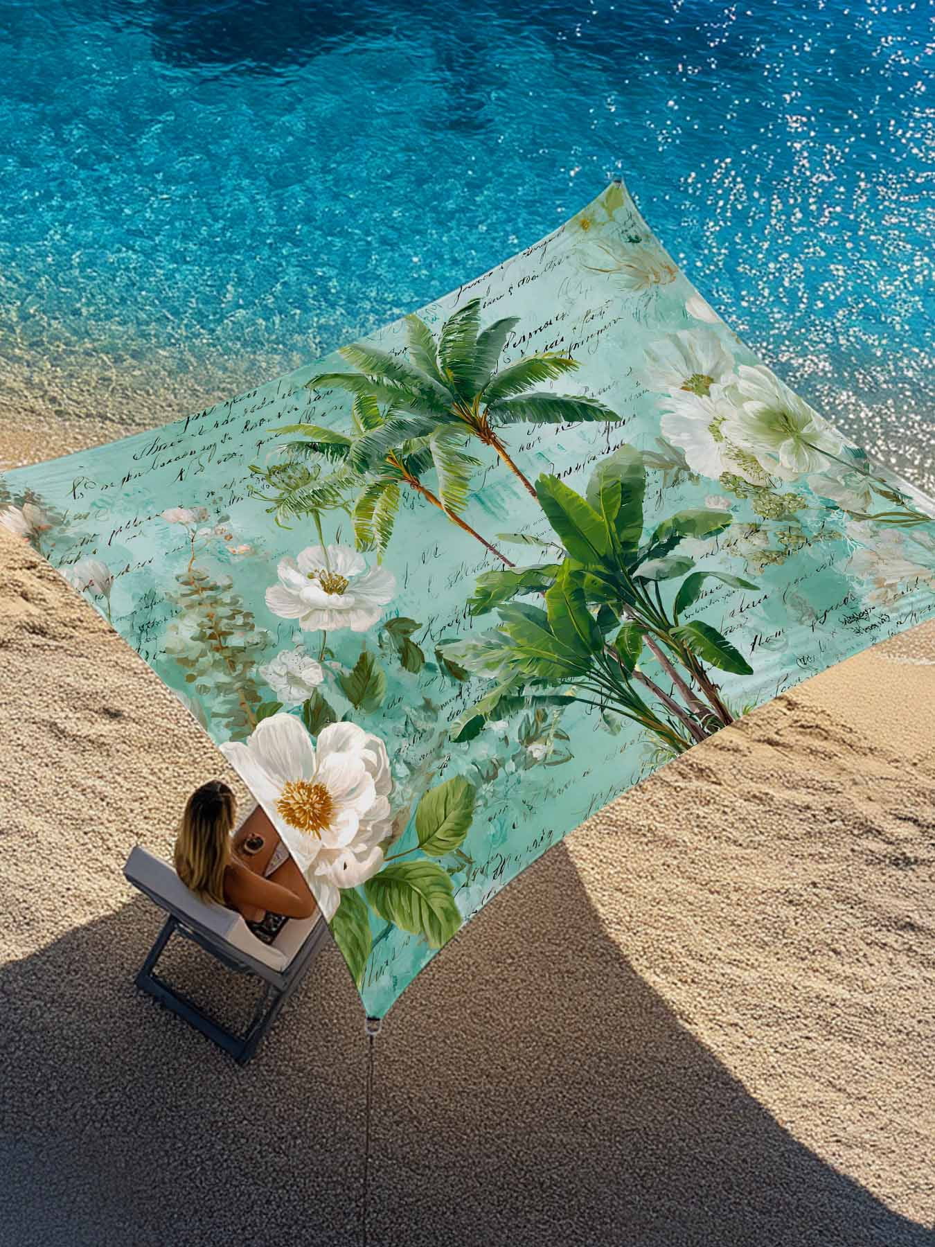 Camellia Flower Palm Tree Sun Shade Sail 14' x 18', White Floral Mint ...