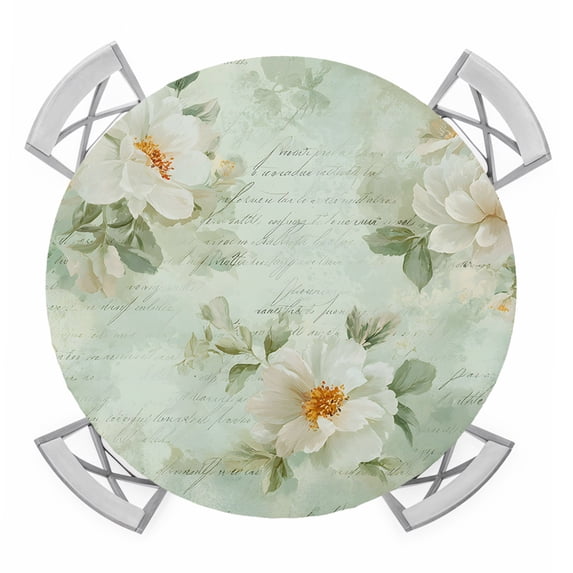 Camellia Flower Round Table Cover, White Floral Mint Green Boho Vintage ...