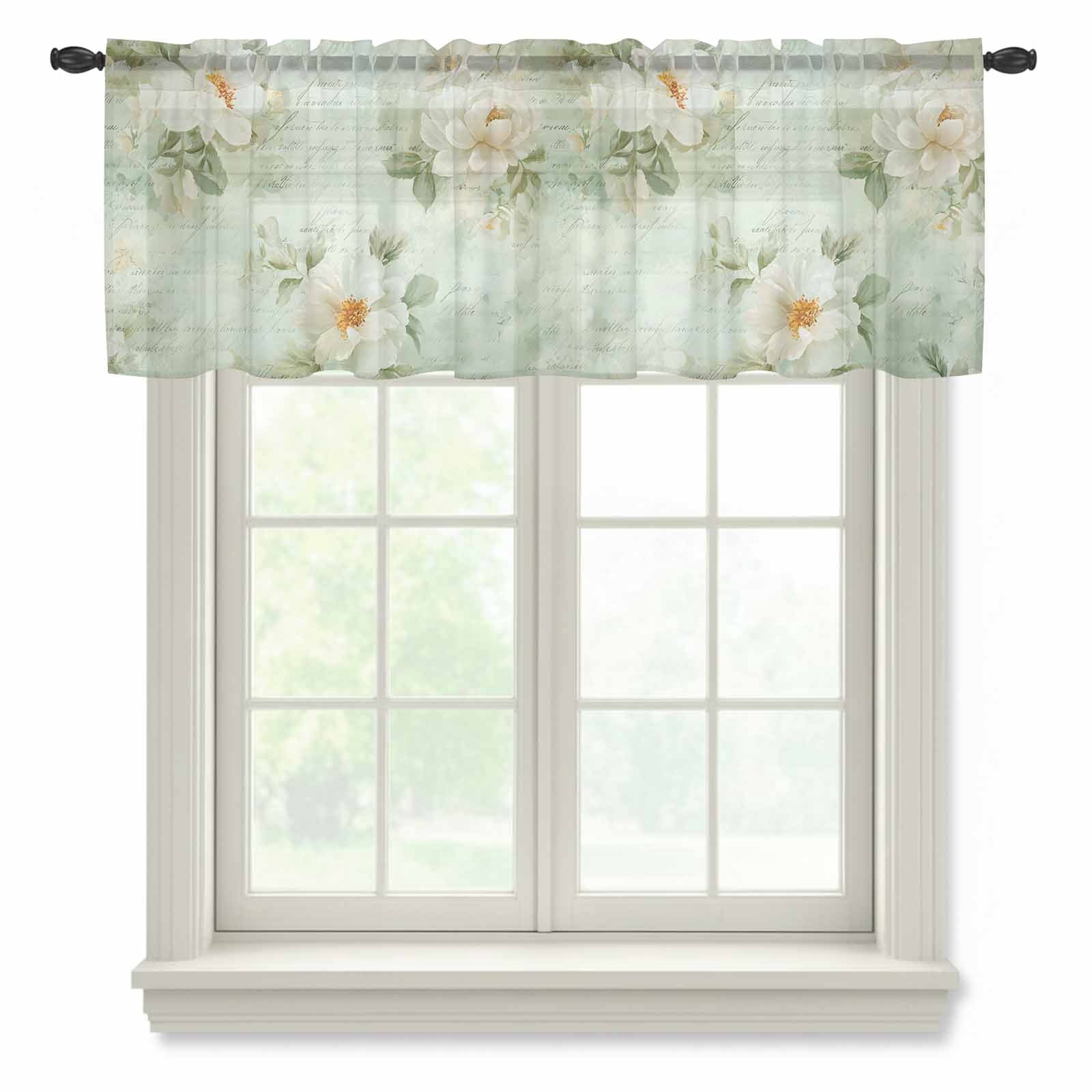 Camellia Flower Sheer Valances for Windows, White Floral Mint Green ...