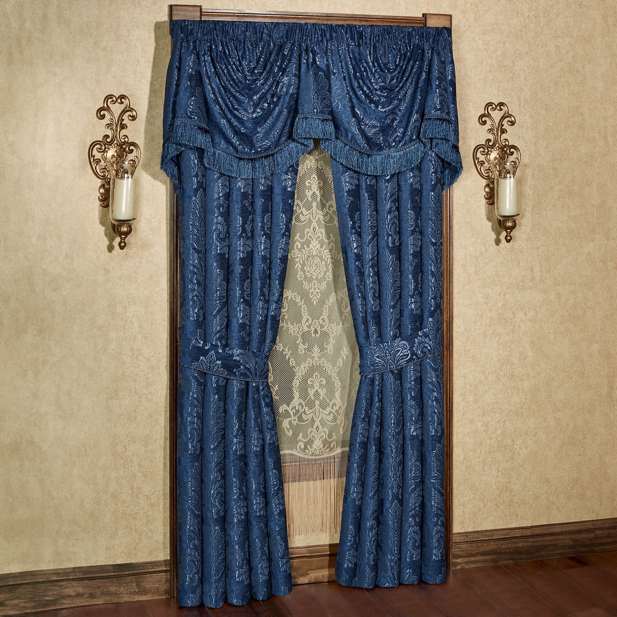 Camelot Damask & Chenille Window Set, Navy Sapphire Blue, Empire ...