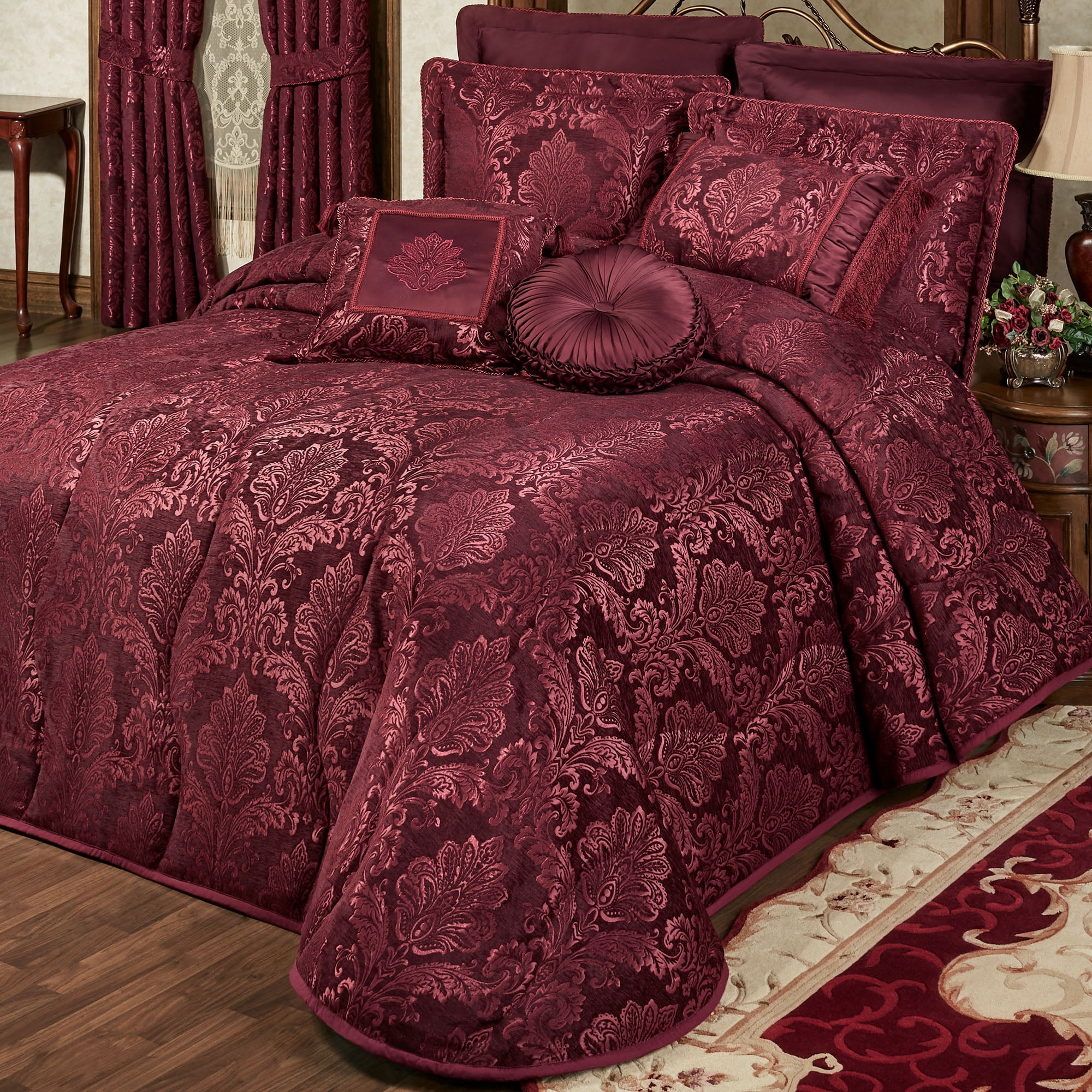 Camelot Matte Satin Damask & Chenille Bedding, Burgundy Wine, 6-pc ...